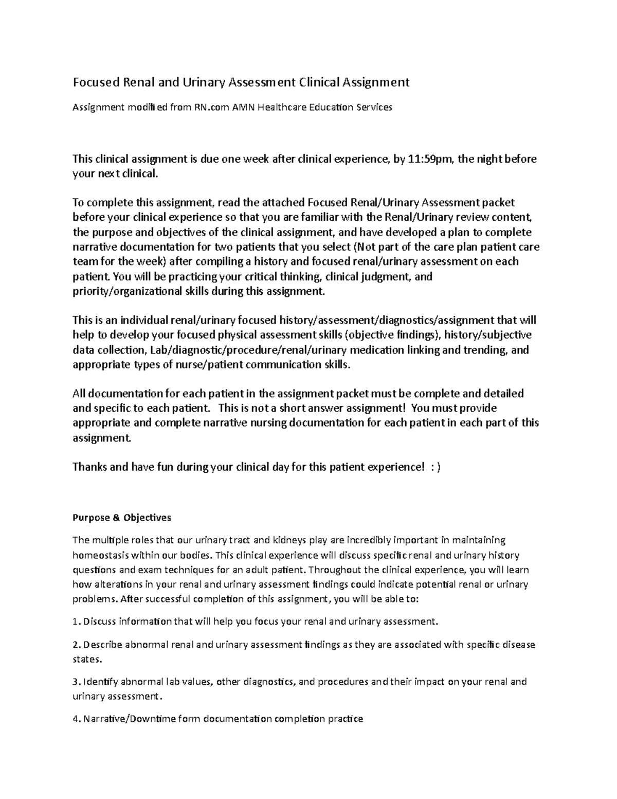Focused Renal and Urinary Assessment Clinical Assignment (RN) - Studocu