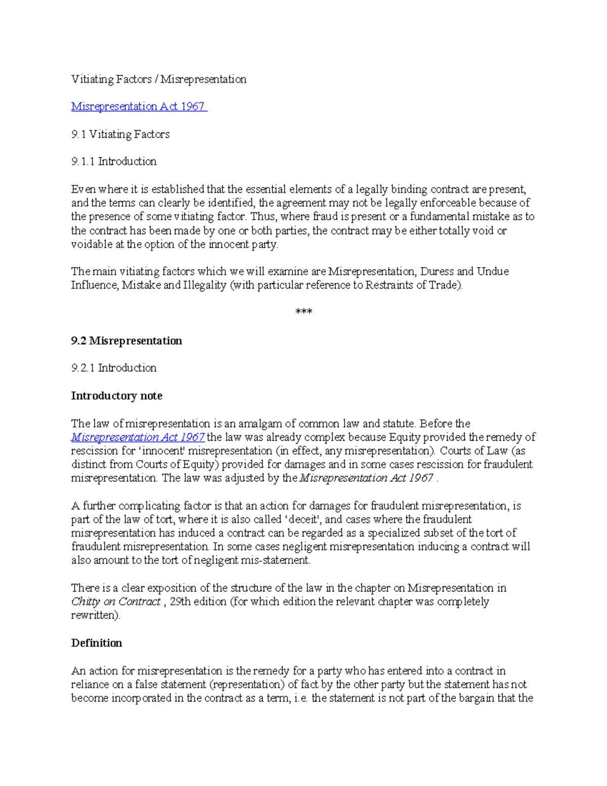LLB Contracts 2: Vitiating Factors & Misrepresentation Act 1967 Notes ...