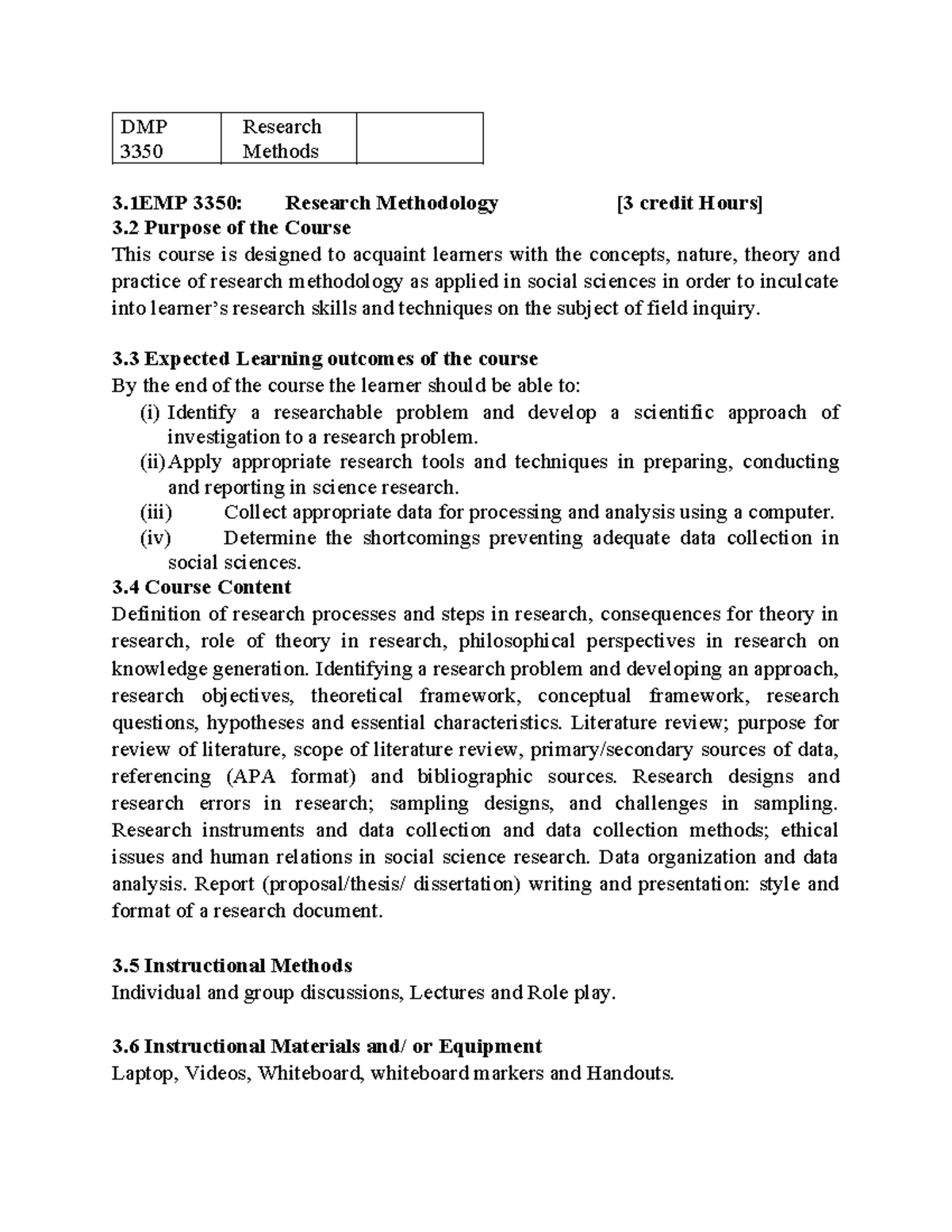 DMP 3350 Research Methodology Course Outline and Learning Outcomes ...