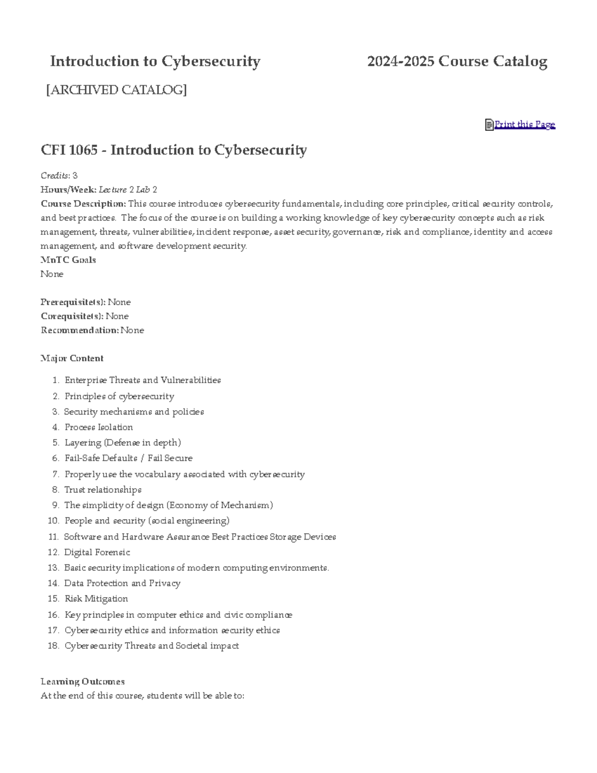 CFI 1065 Introduction to Cybersecurity Syllabus and Course Overview - Studocu
