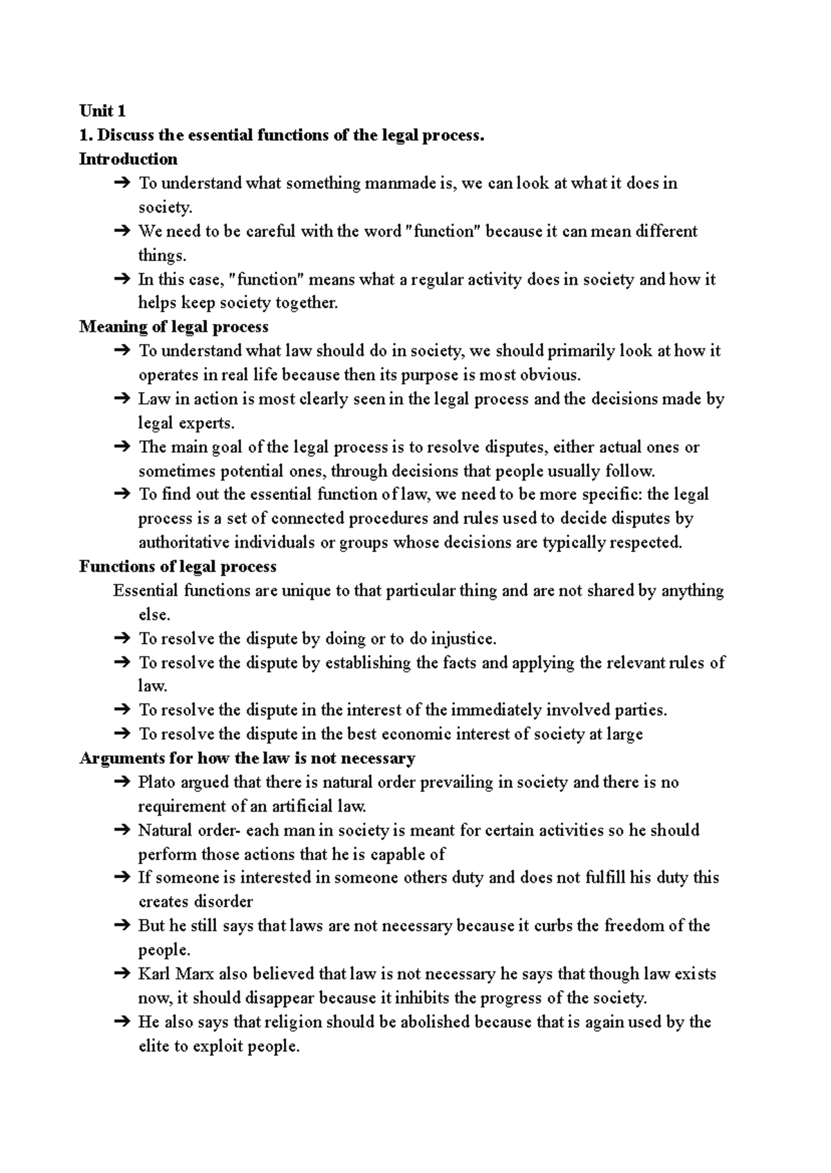 Legal Methods: Functions of the Legal Process - Unit 1 Overview - Studocu