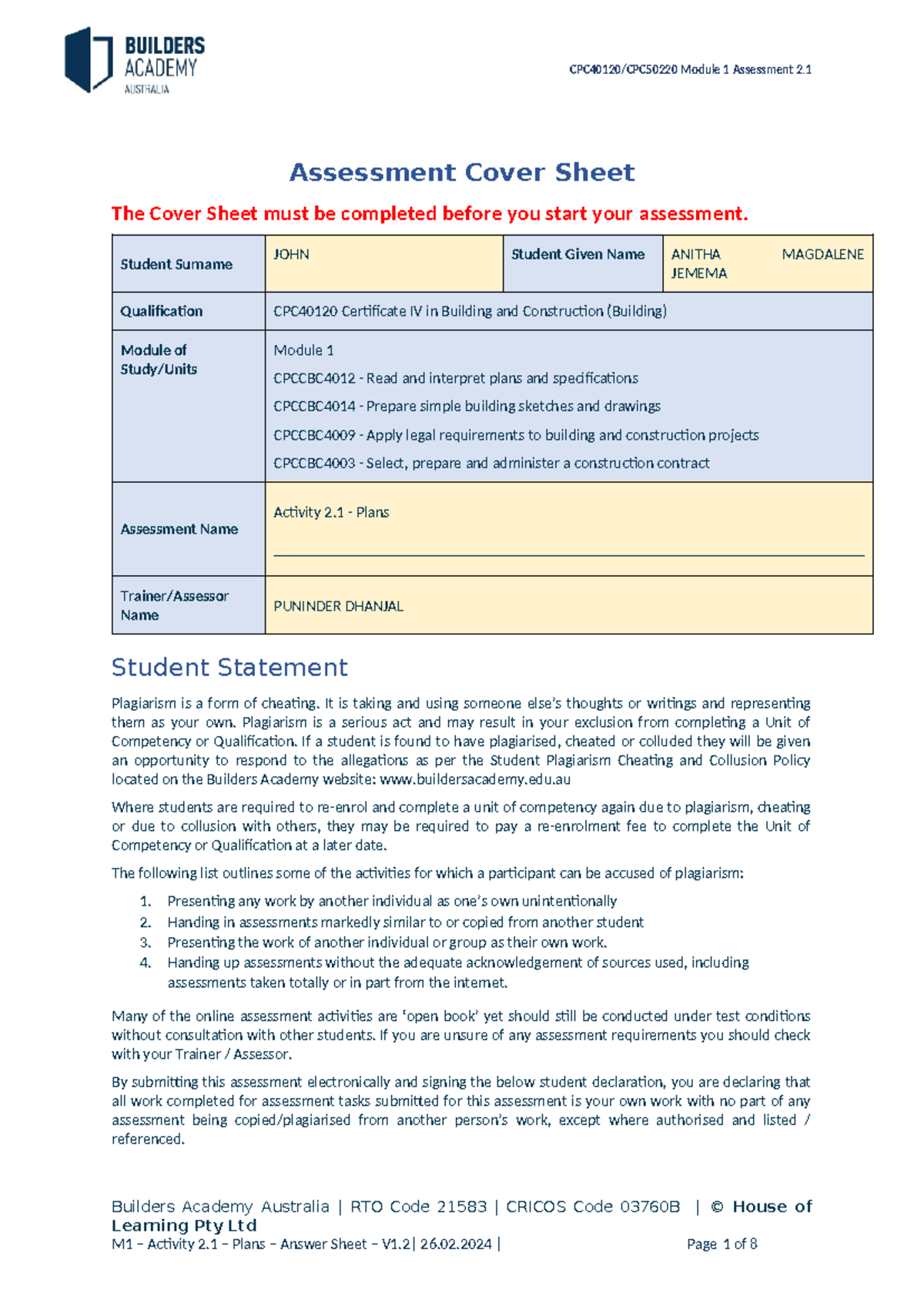 M1 Assessment 2.1 Activity 2.1 Plans Answer Sheet V1 - Studocu