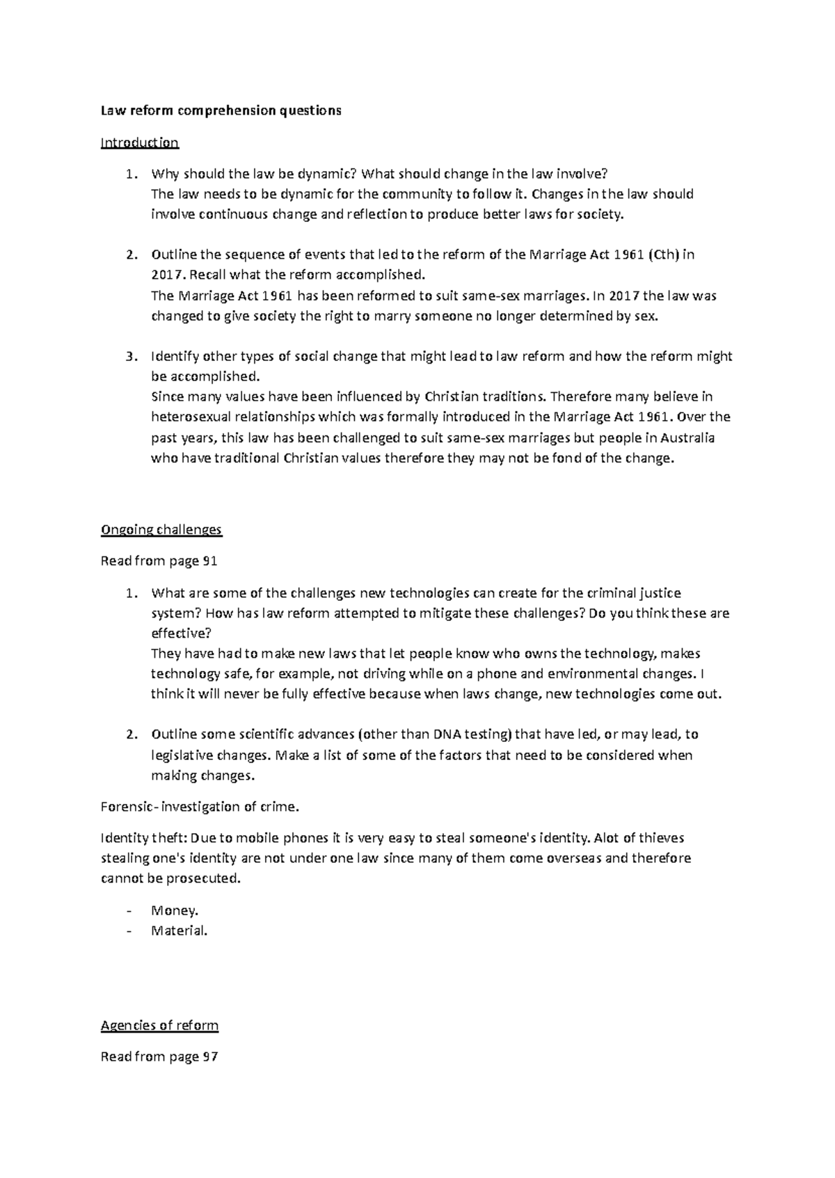 Law Reform Insights & Comprehension Questions - Year 11 Legal Studies ...