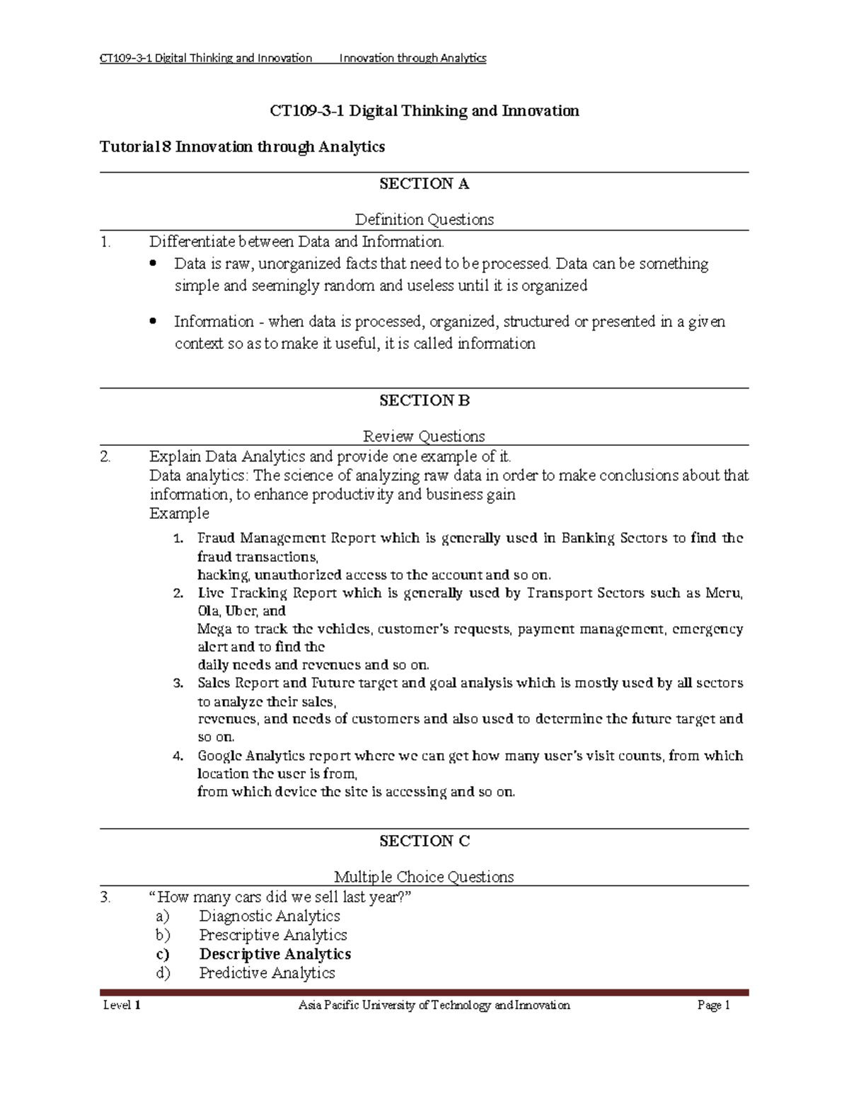 Tutorial 8 Innovation through Analytics - answer - CT109-3-1 Digital ...