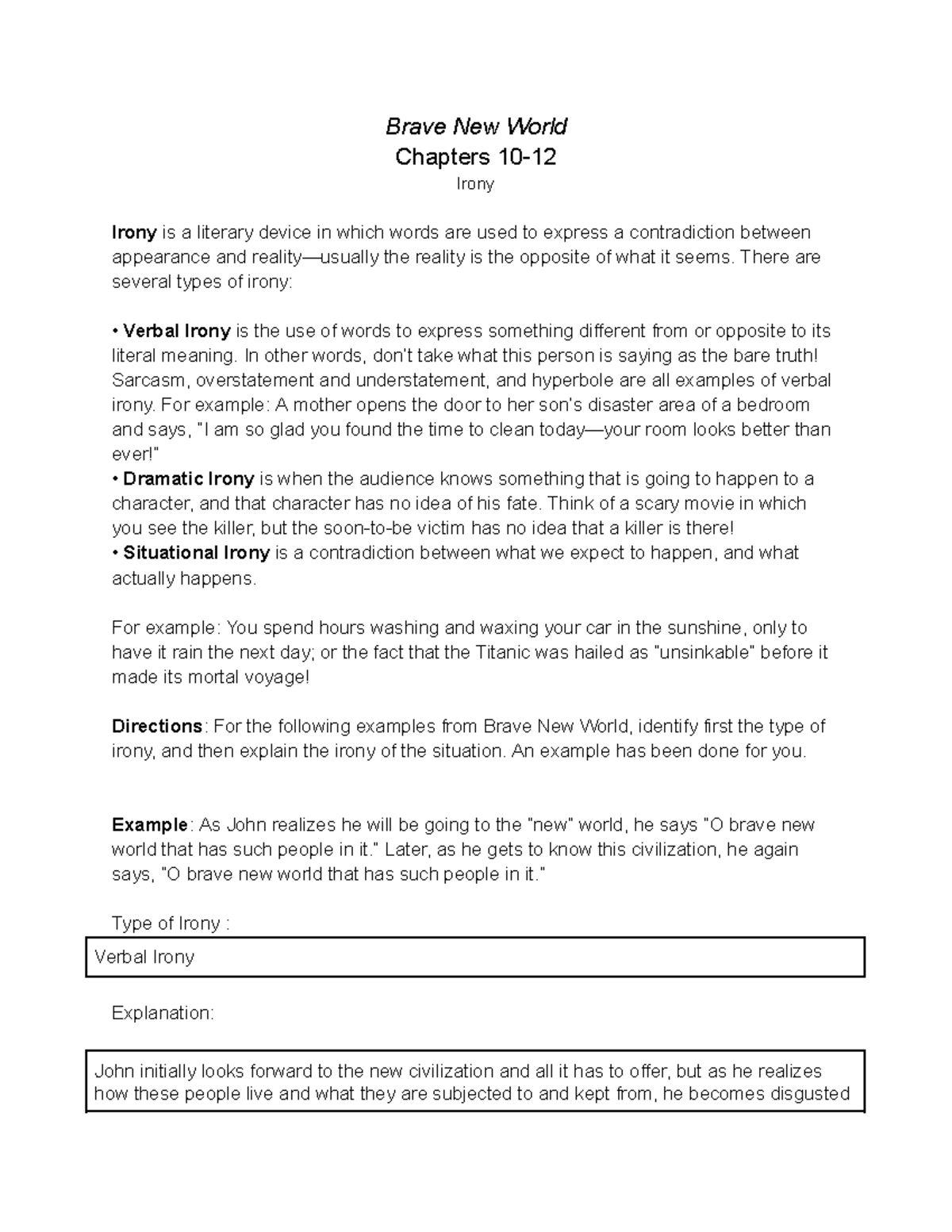Brave New World Analysis: Chapters 10-12 Irony Explained - Studocu