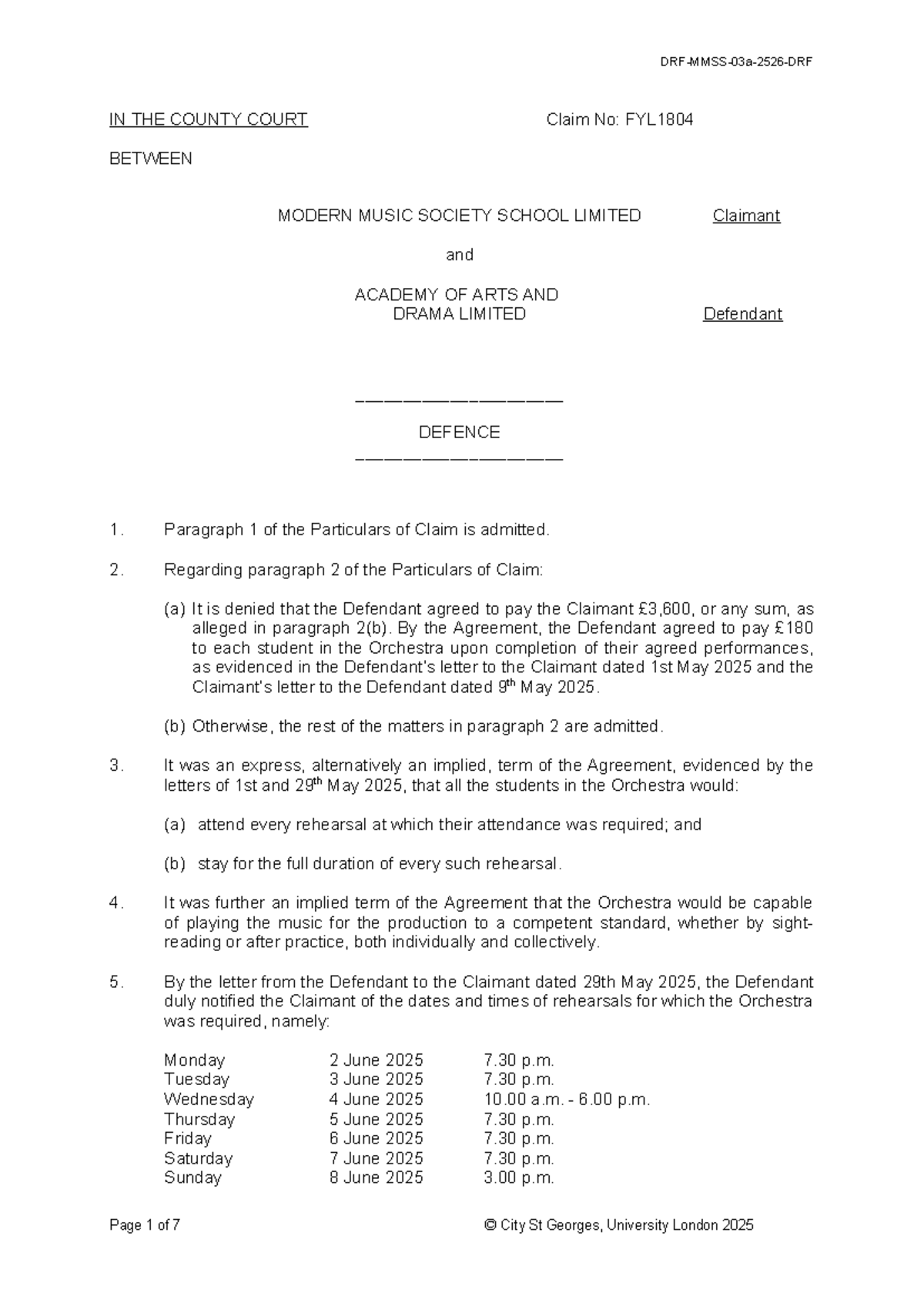 Defence Document for Claim No: FYL1804 - Modern Music Society vs ...