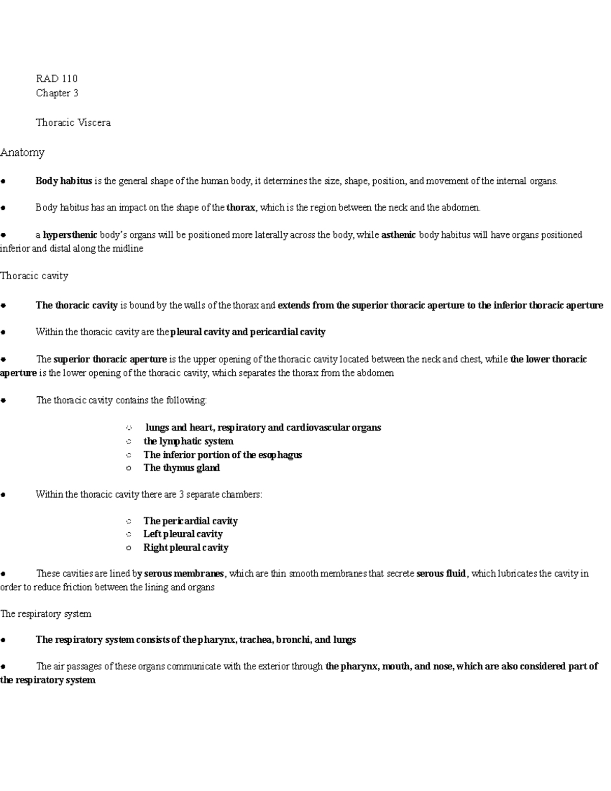 RAD 110 Chapter 3: Thoracic Viscera and Body Habitus Overview - Studocu