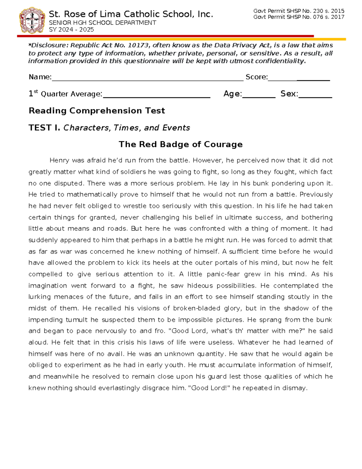 Senior High School Reading Comprehension Tests SY 2024-2025 - Studocu