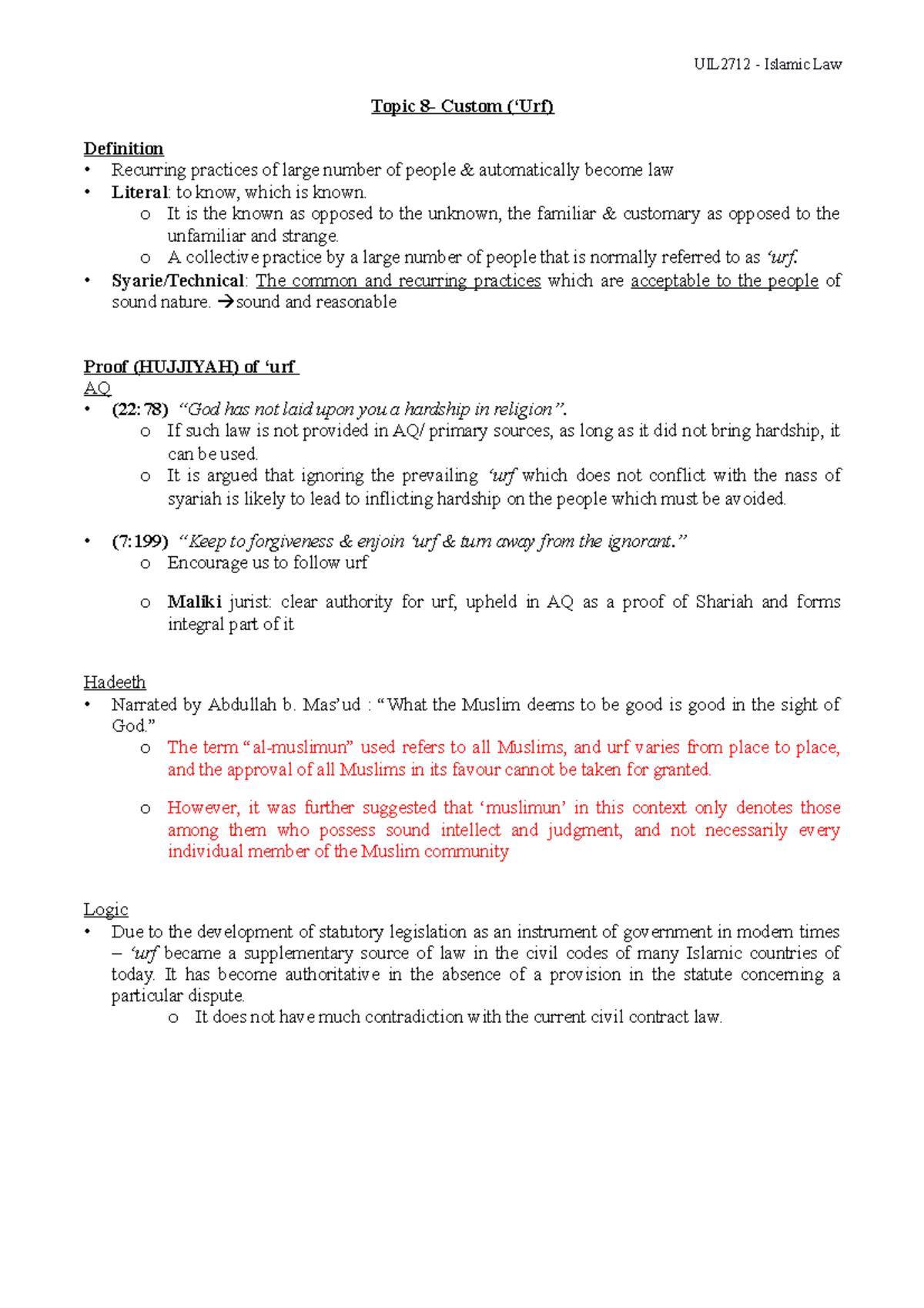 Topic 8: Understanding 'Urf in Islamic Law - Customary Practices ...