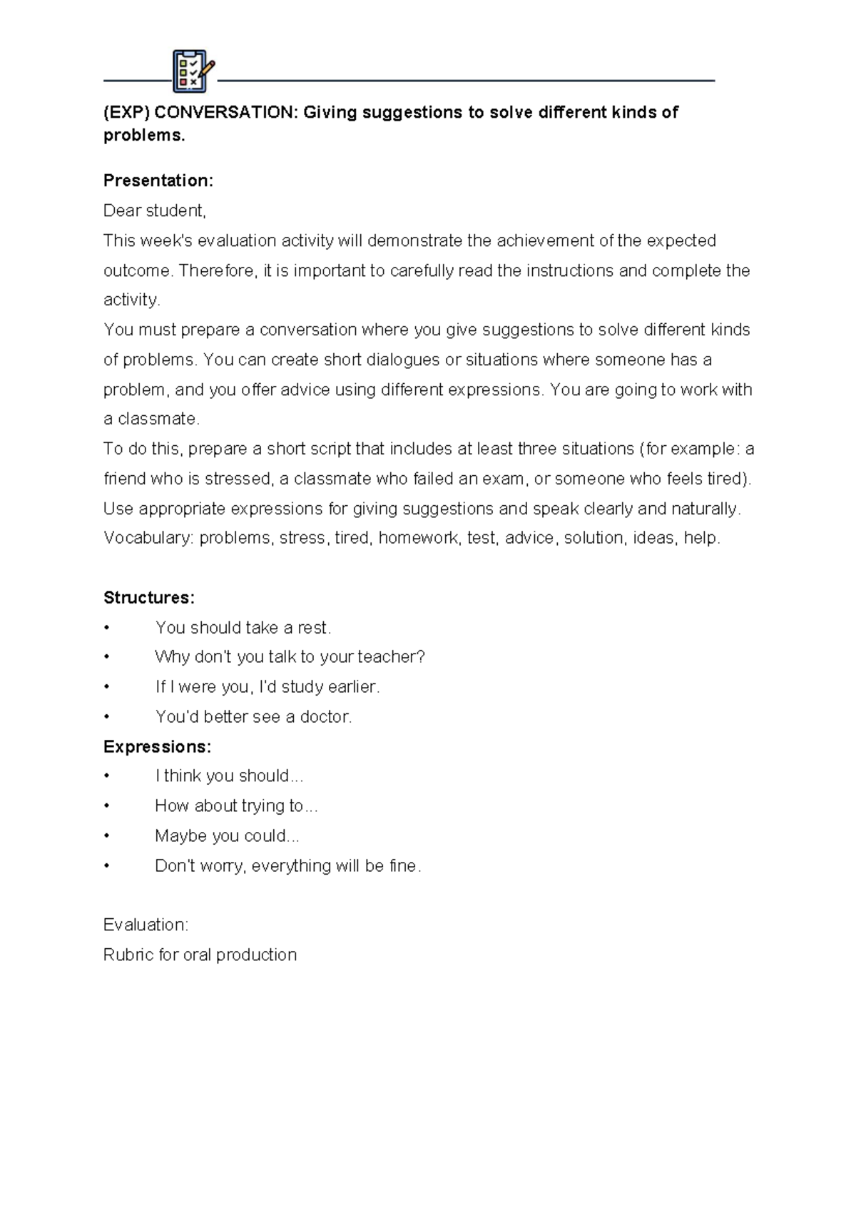 (EXP) CONVERSATION: Suggestions for Problem Solving Scenarios - Studocu