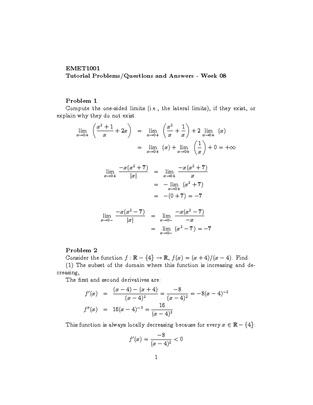 tutorial answer 8 EMET 1001 - EMET Tutorial Problems/Questions and ...
