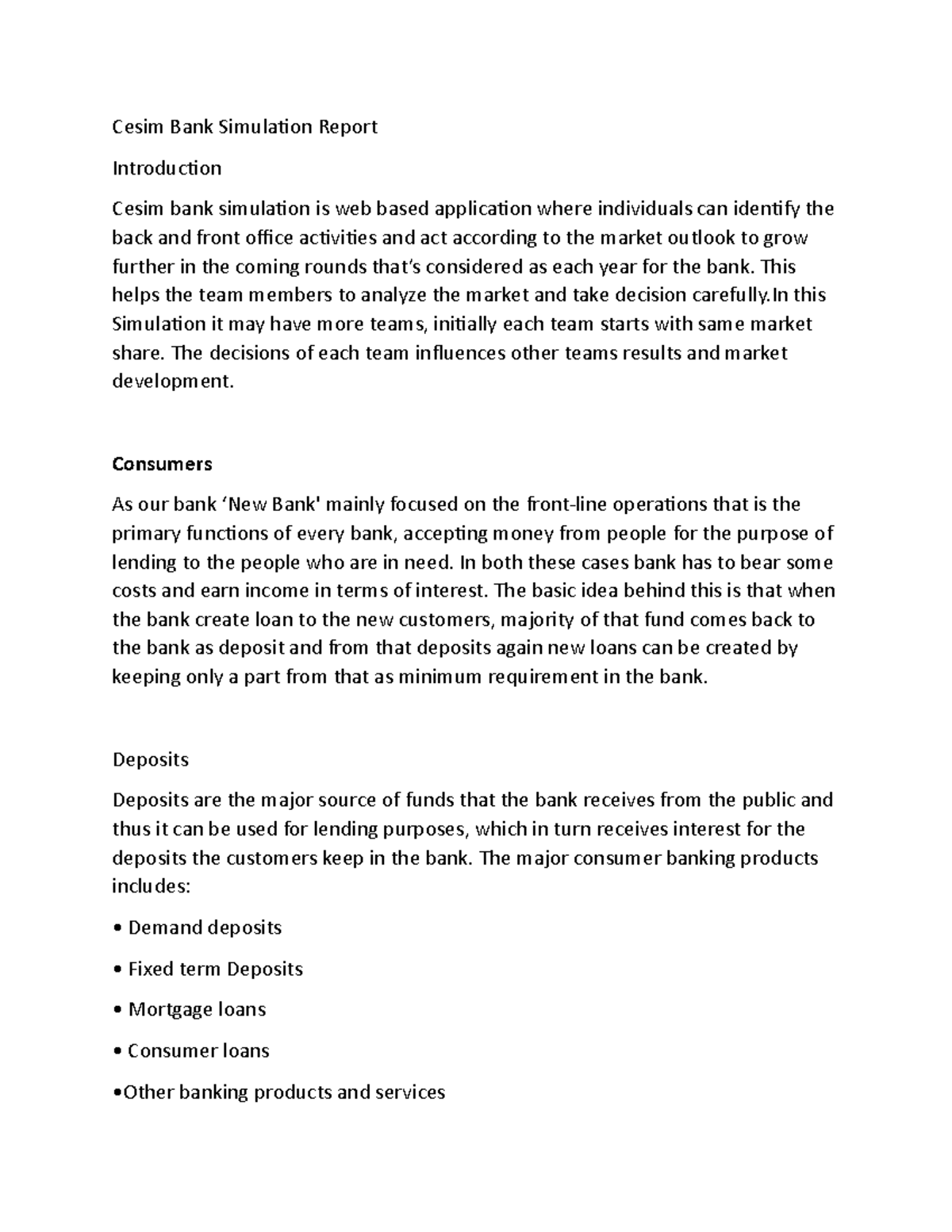 Helen bfsm. - Mandatory - Cesim Bank Simulation Report Introduction ...