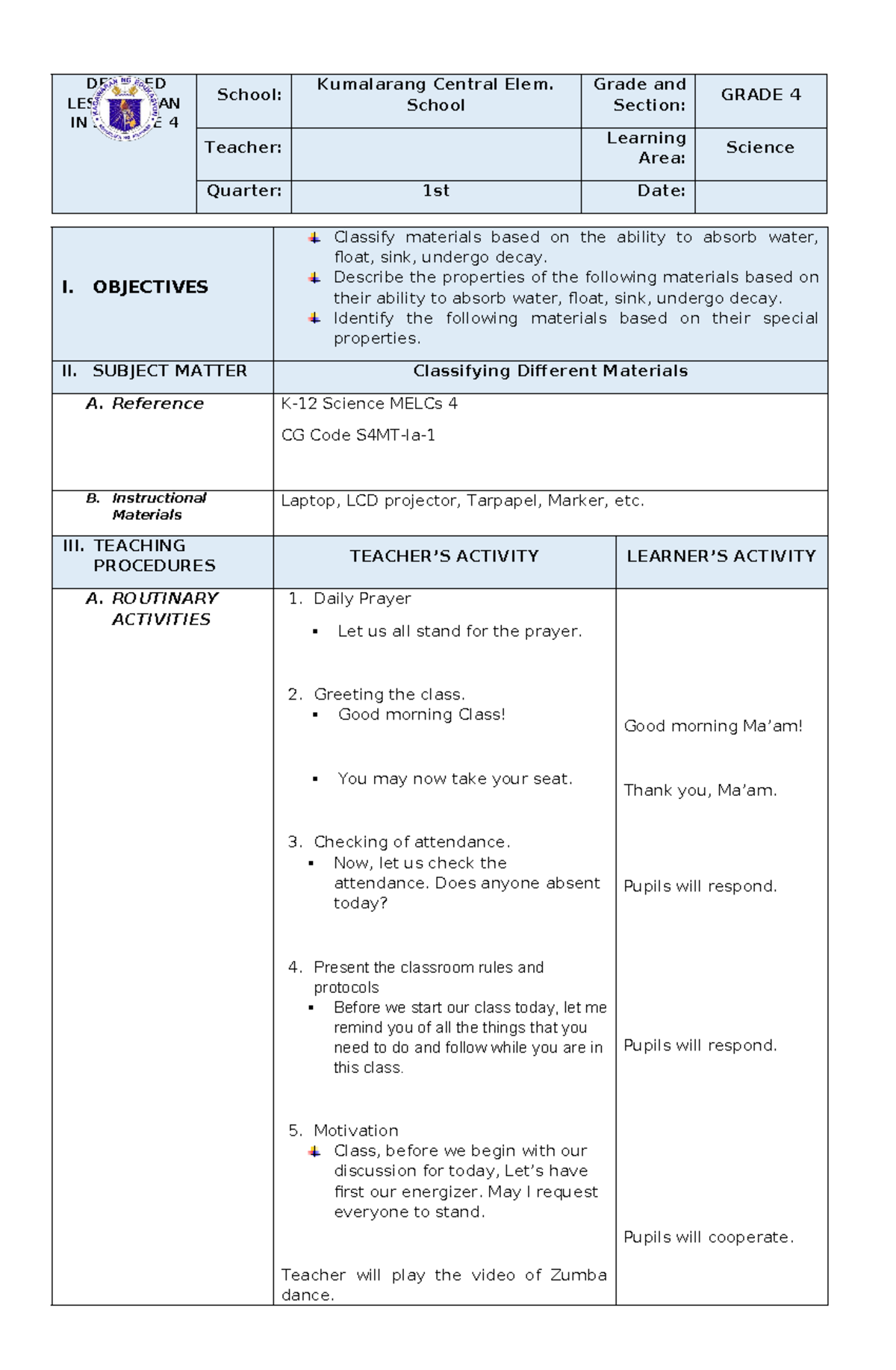 DLP Science 4: Classifying Materials - Q1 Lesson Plan - Studocu