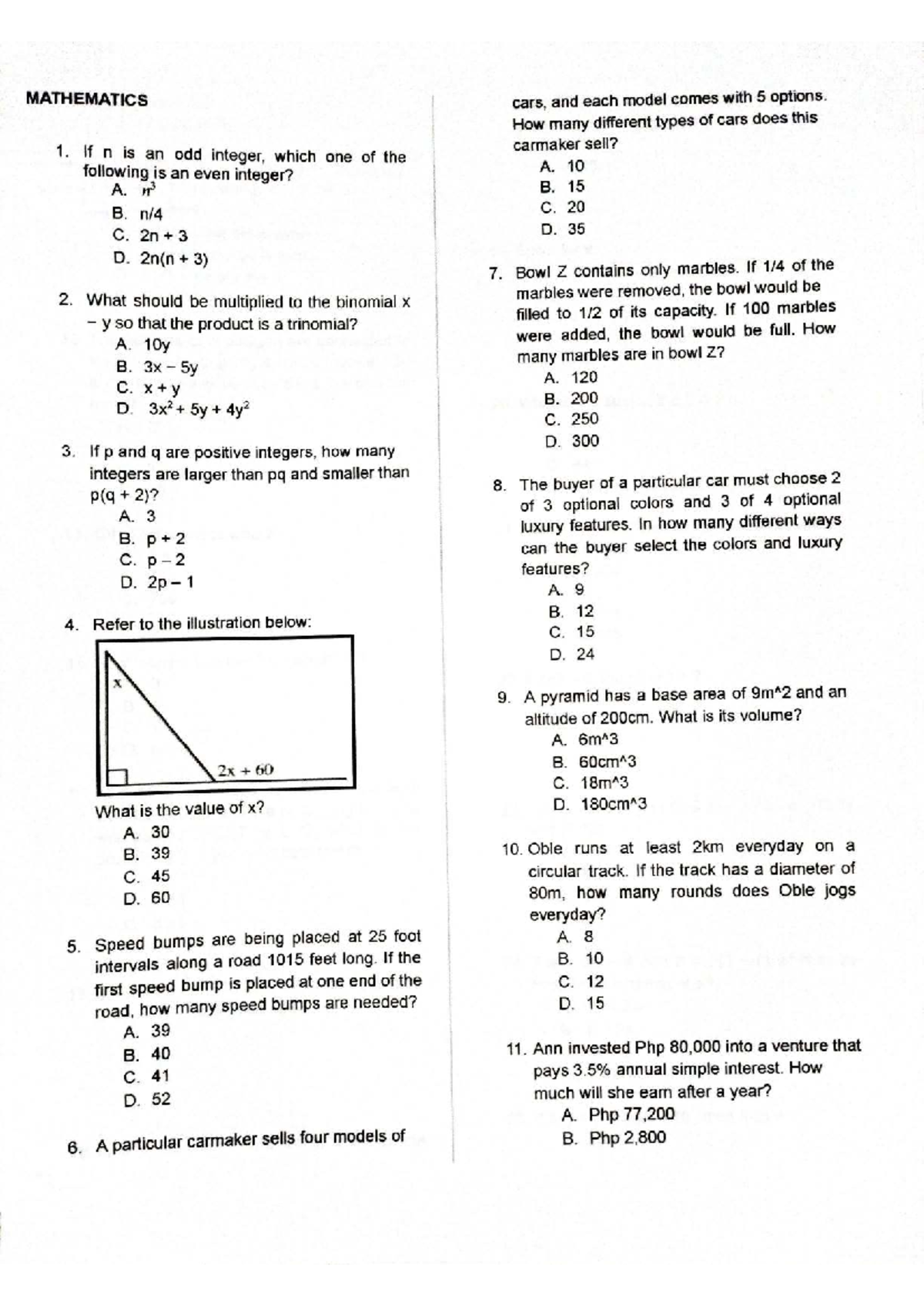 Mathematics quiz item answers and explanations (MATHEMATICS) - Studocu