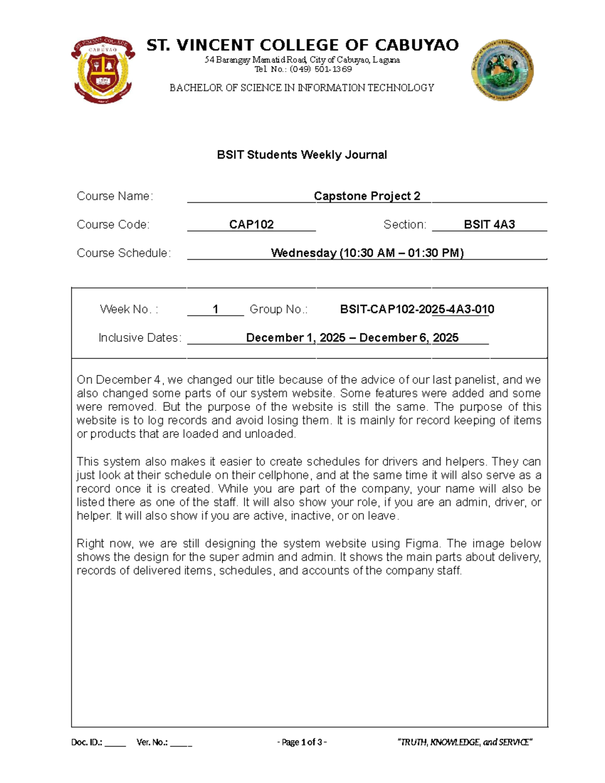 CAP102 Weekly Journal - Capstone Project 2 (BSIT 4A3) - Studocu