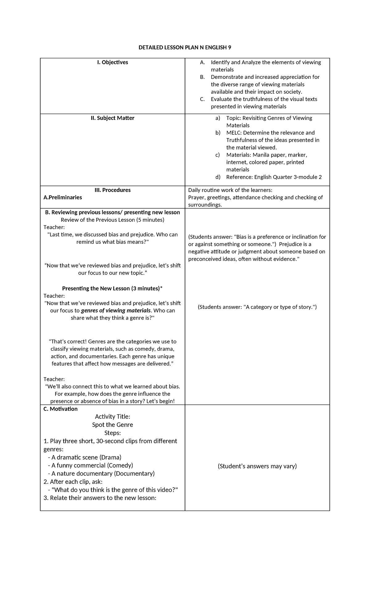 Revisiting Genres - Detailed Lesson Plan for English 9 - Studocu