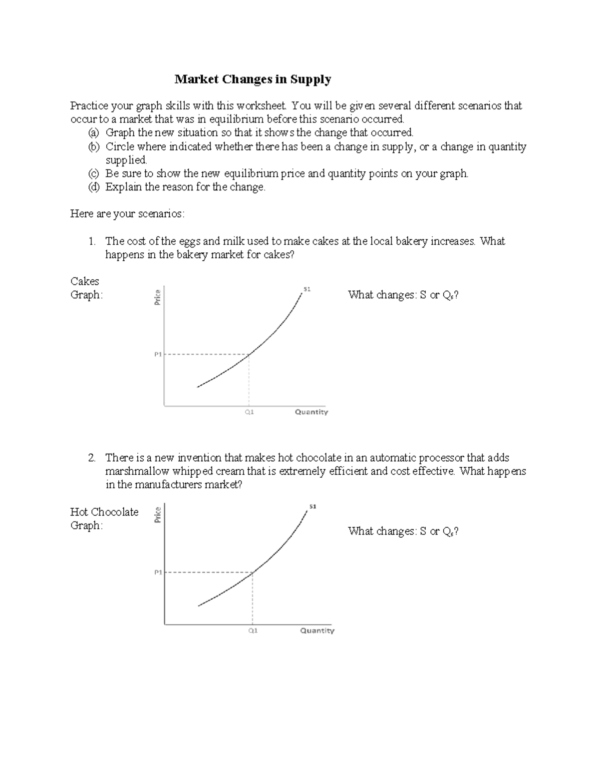 ECON 101: Market Changes in Supply - Graphing Scenarios Worksheet - Studocu