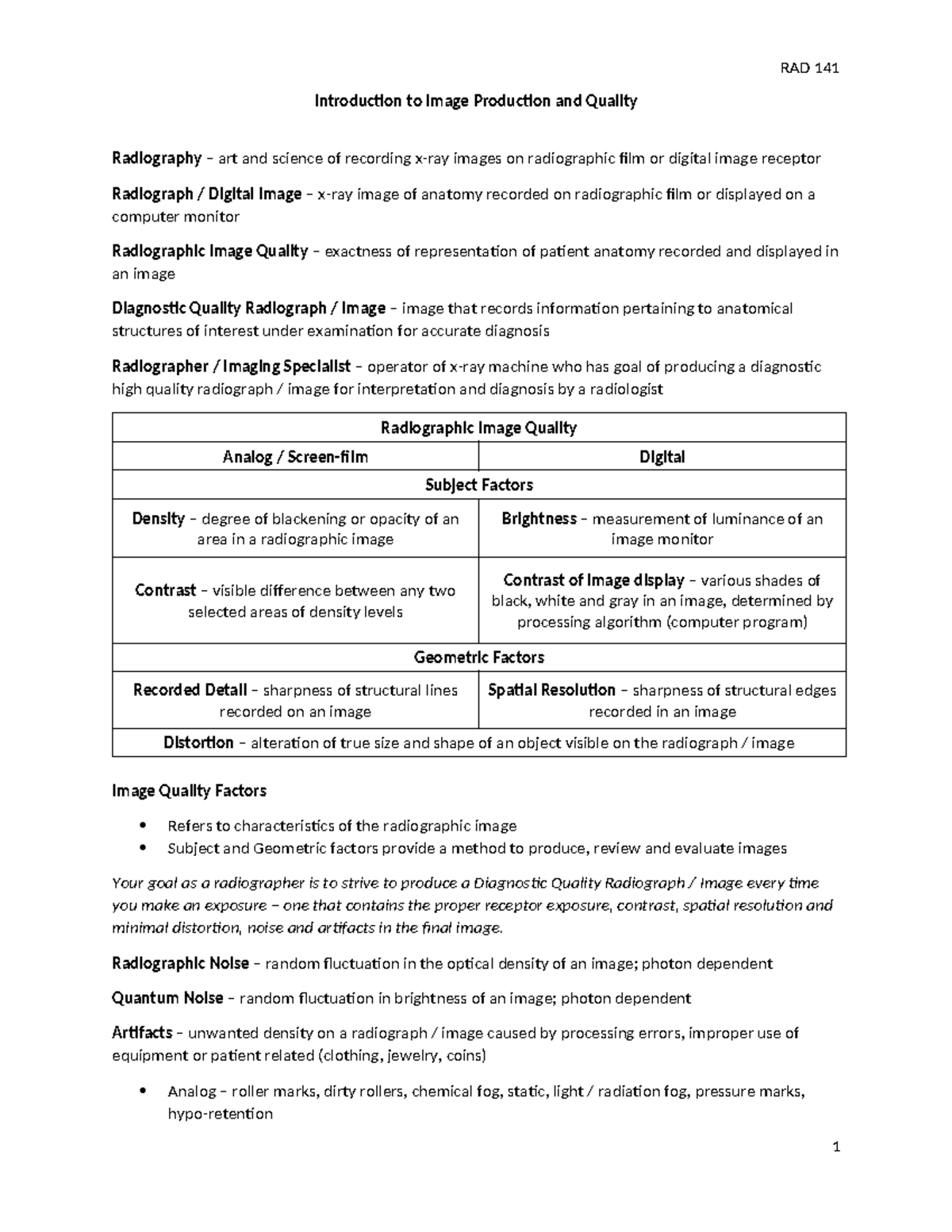 RAD 141 Final Exam: Key Factors in Radiographic Image Quality - Studocu