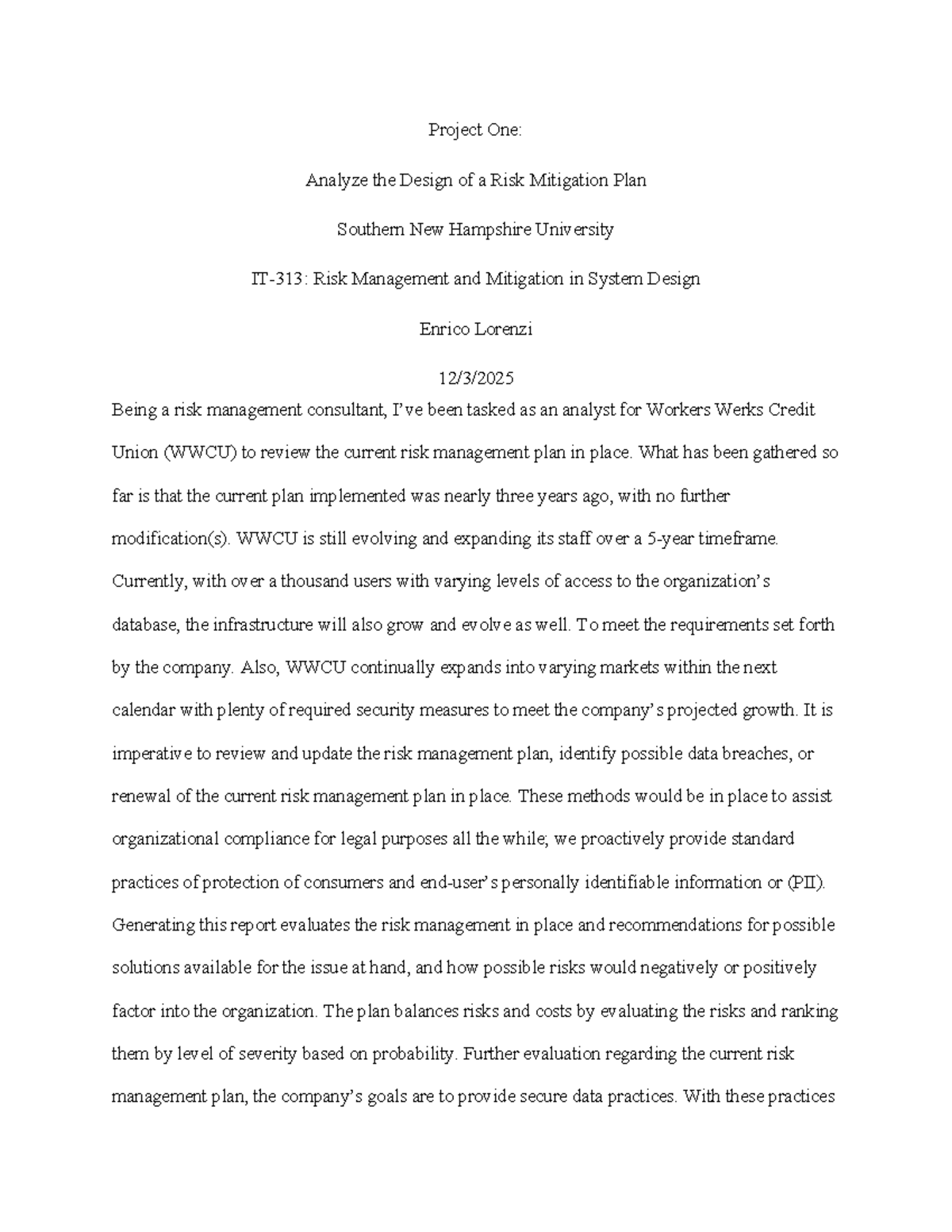 Project One: Risk Mitigation Plan Analysis for WWCU - SNHU - Studocu