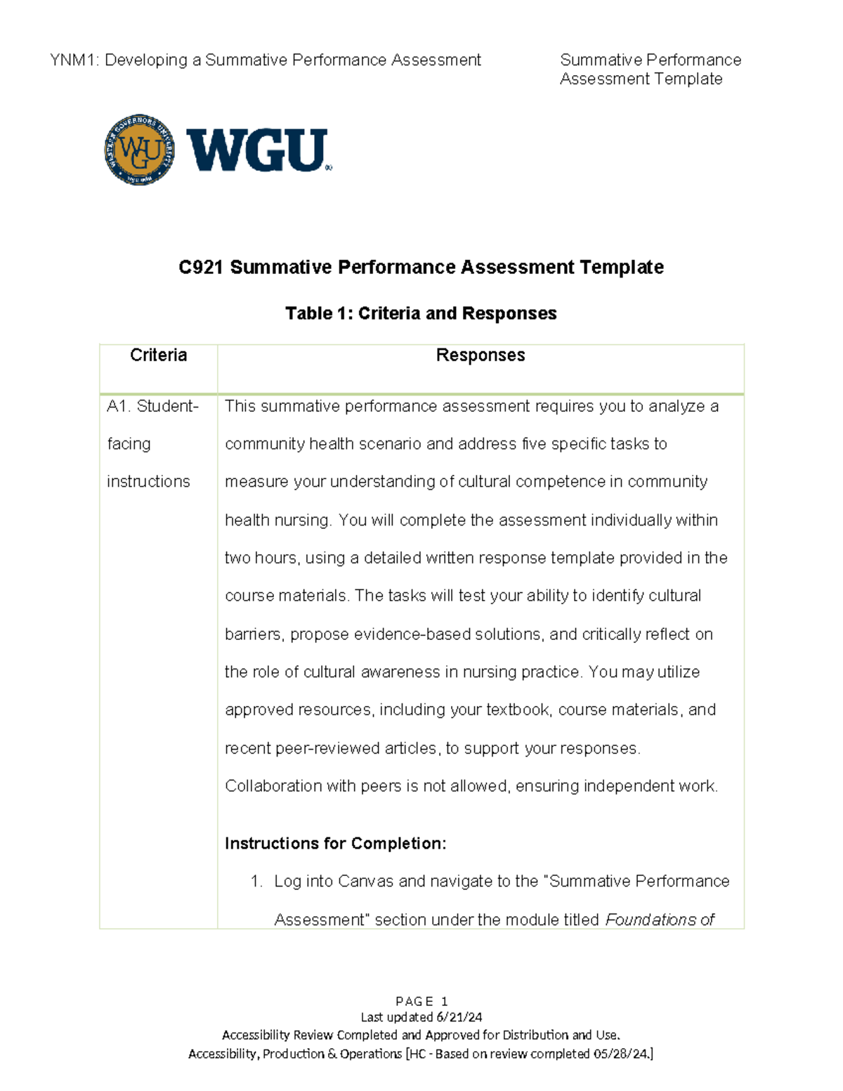 C921 Summative Performance Assessment Task 3A - Assessment Template ...