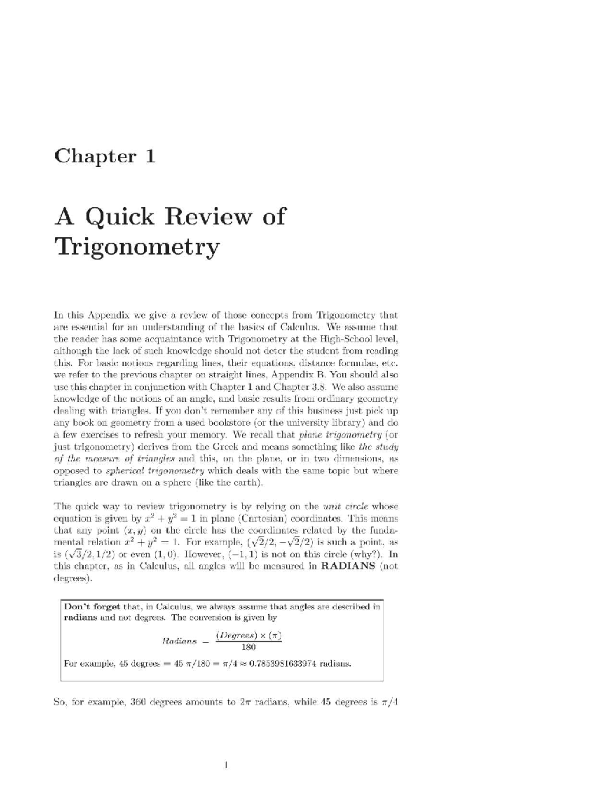 Calculus Chapter 1: Quick Review of Trigonometry Concepts - Studocu