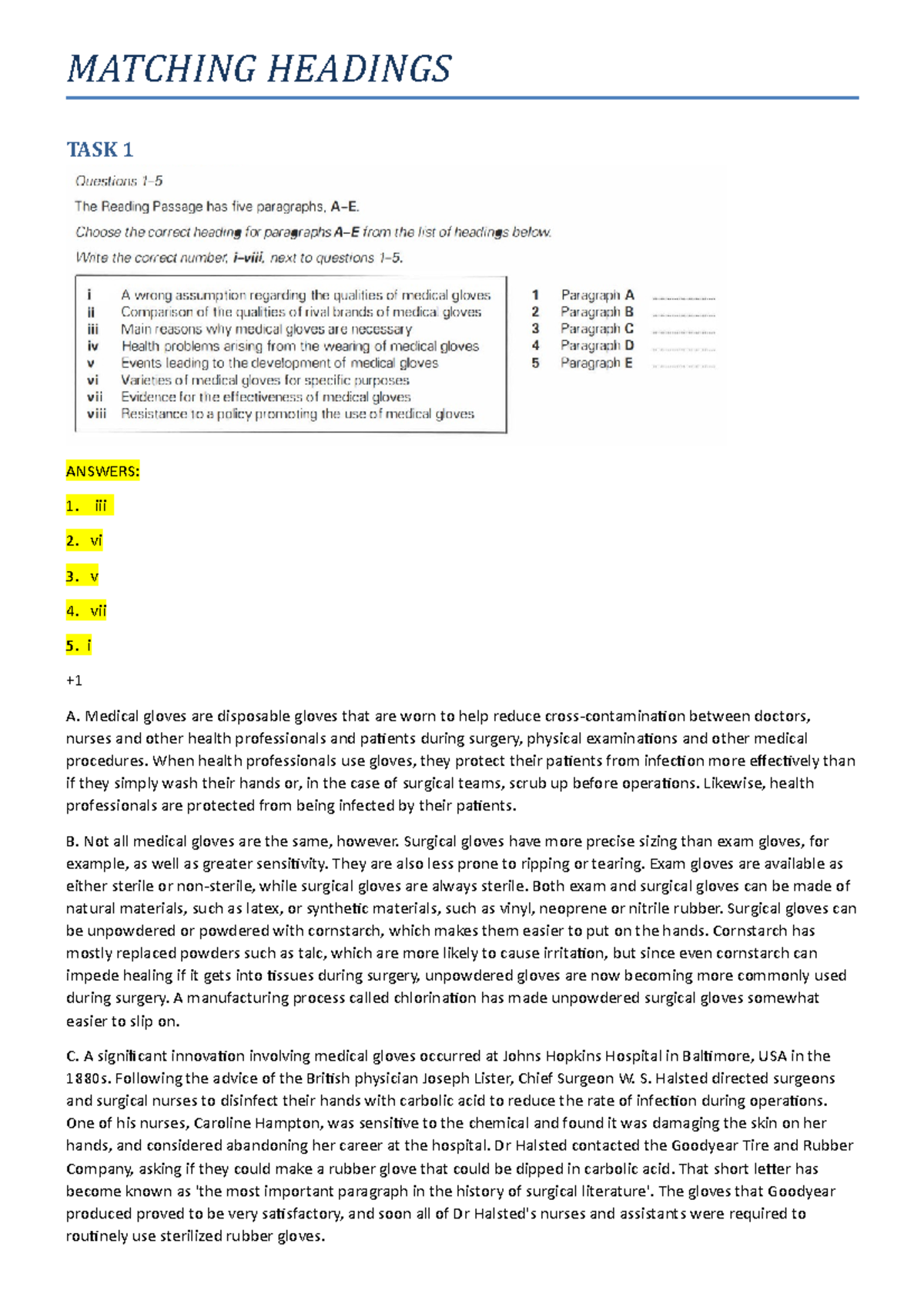 Matching Headings - nothing - MATCHING HEADINGS TASK 1 ANSWERS: iii vi ...