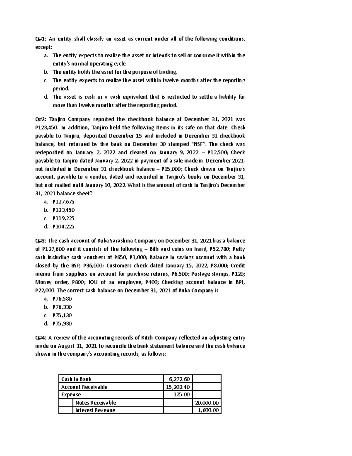 Cash and Cash Equivalents Analysis for Accounting Practices (ACCT 101 ...