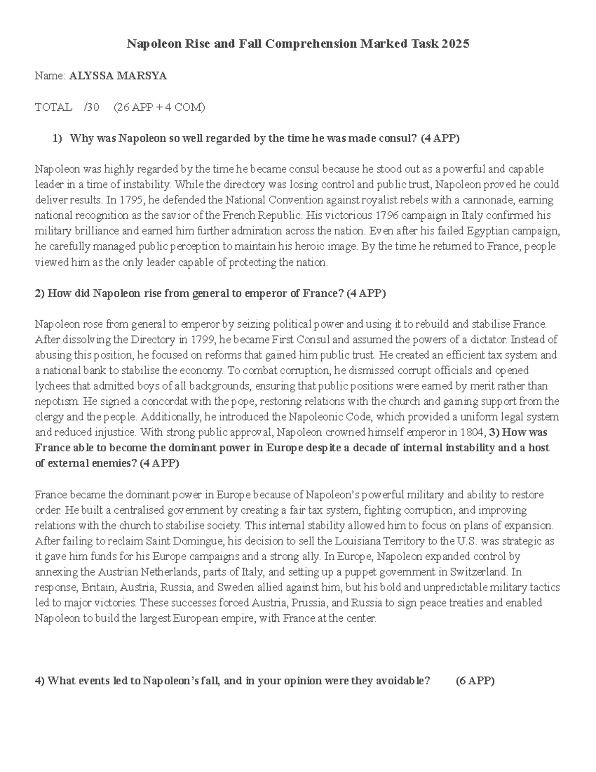 Napoleon's Rise and Fall: Comprehension Task 2025 (26 APP) - Studocu