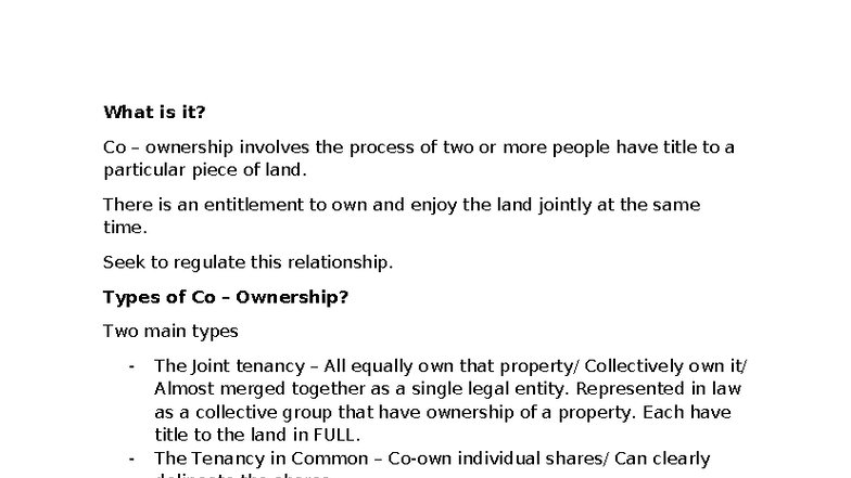 Co-Ownership in Land Law: Joint Tenancy vs Tenancy in Common - Studocu