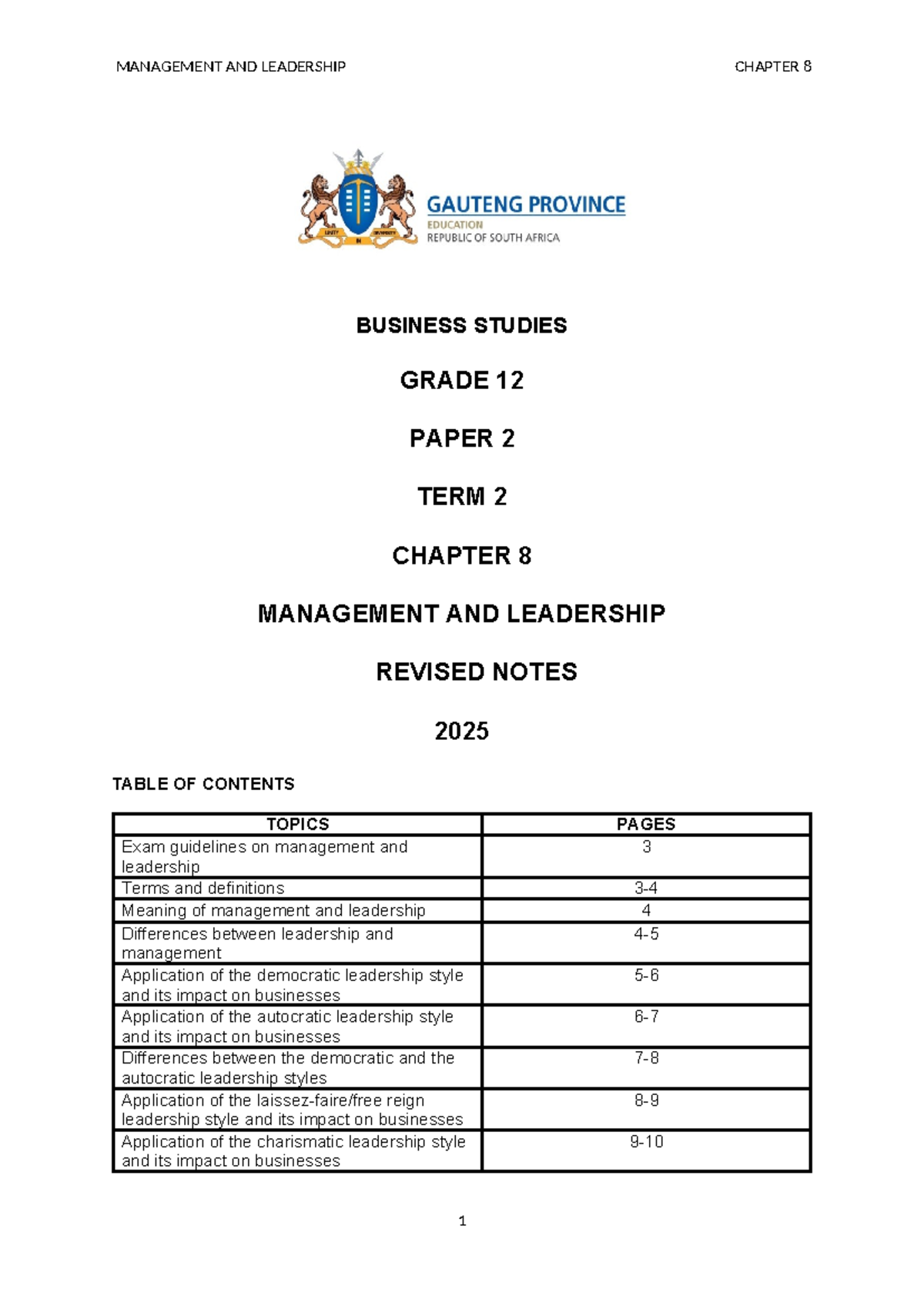 Chapter 8: Management and Leadership Notes - Business Studies Grade 12 ...