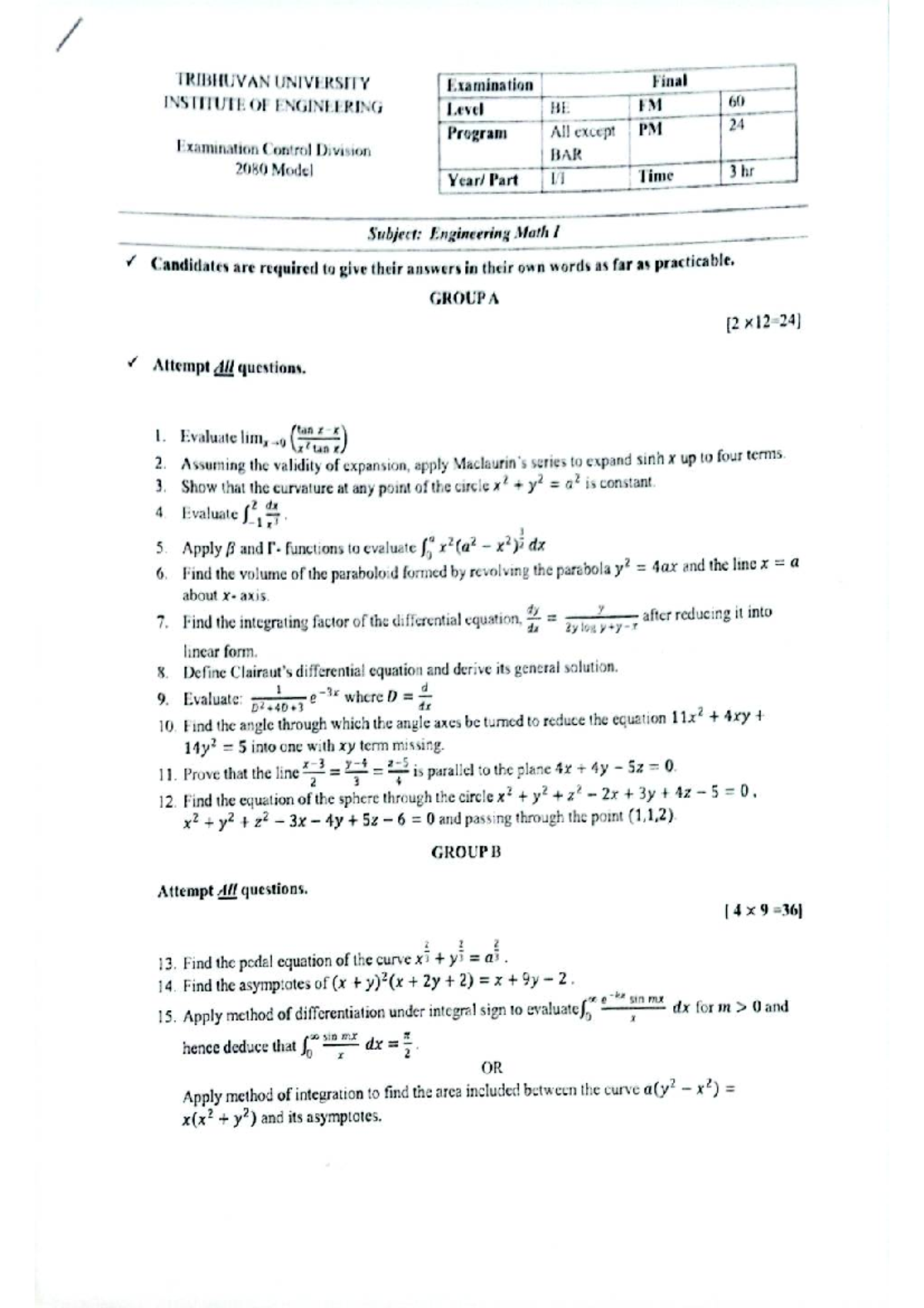 Model Question Paper for BE Engineering Math (FM 60) - 2080 - Studocu