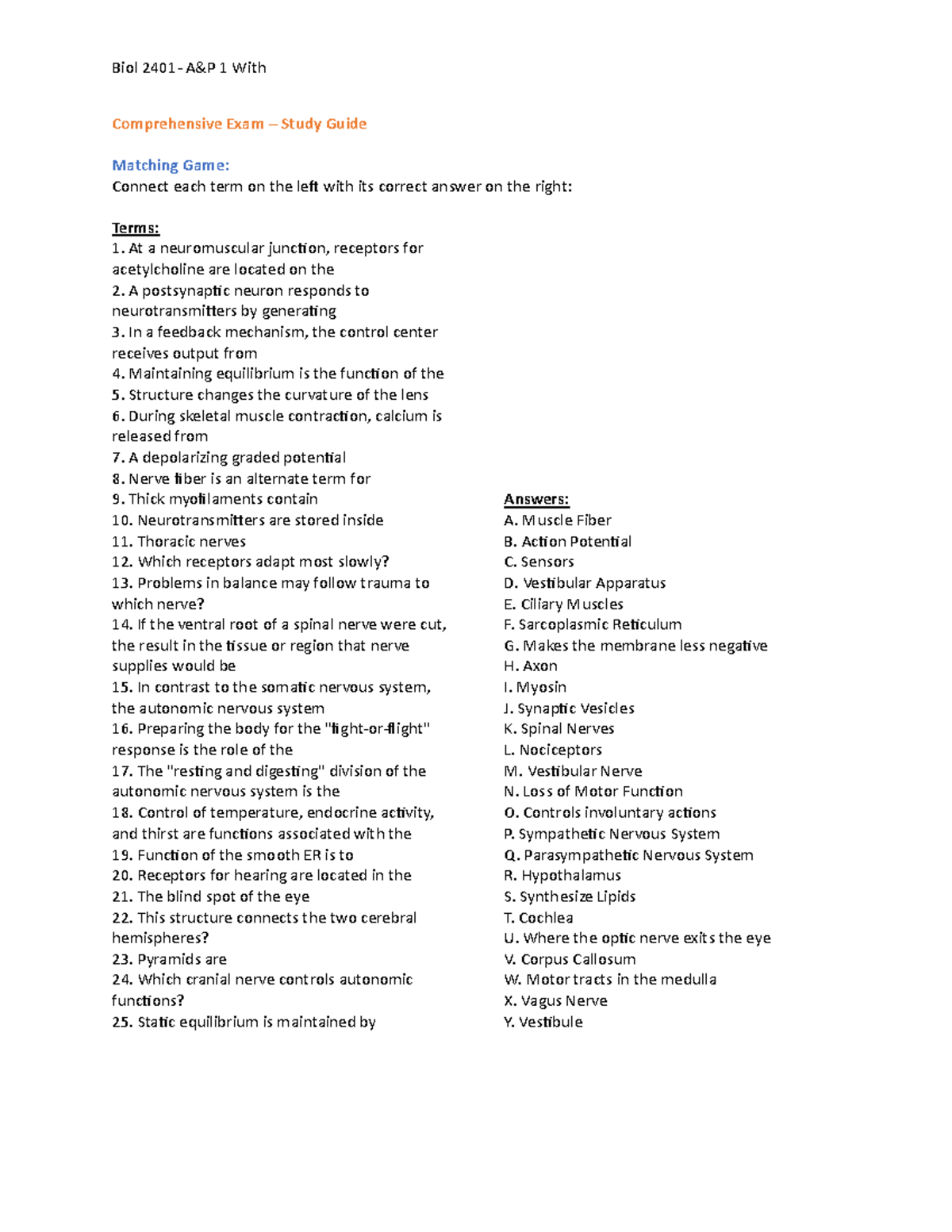 Biol 2401 A&P 1 Comprehensive Exam Study Guide and Key Terms Review ...