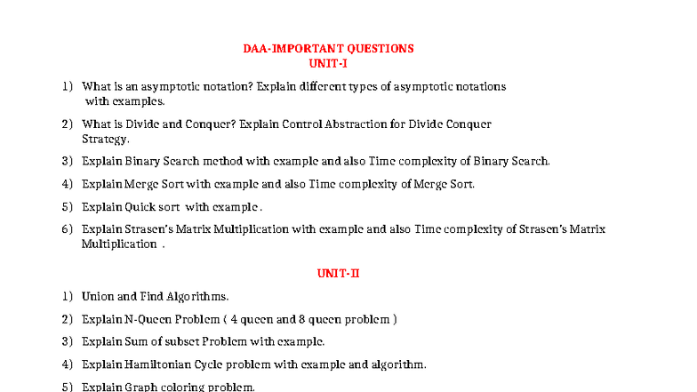 DAA Important Questions: Asymptotic Notations, Algorithms & Problems ...