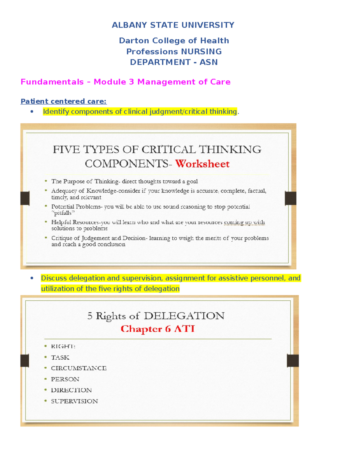 Module 3 Objectives - Nursing Management & Care Notes - Studocu