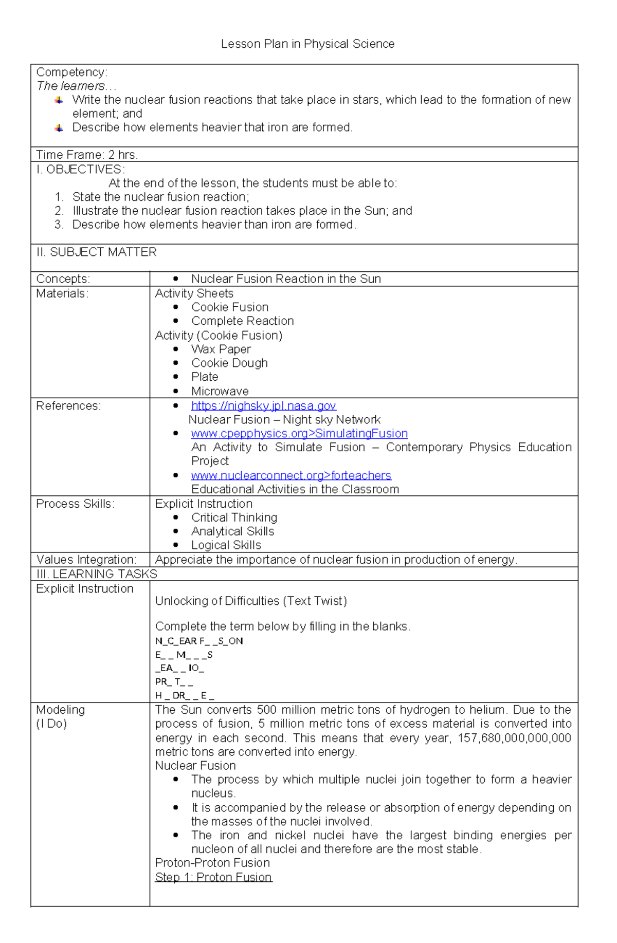 PS 3-4 Lesson Plan: Nuclear Fusion in Stars and Element Formation - Studocu