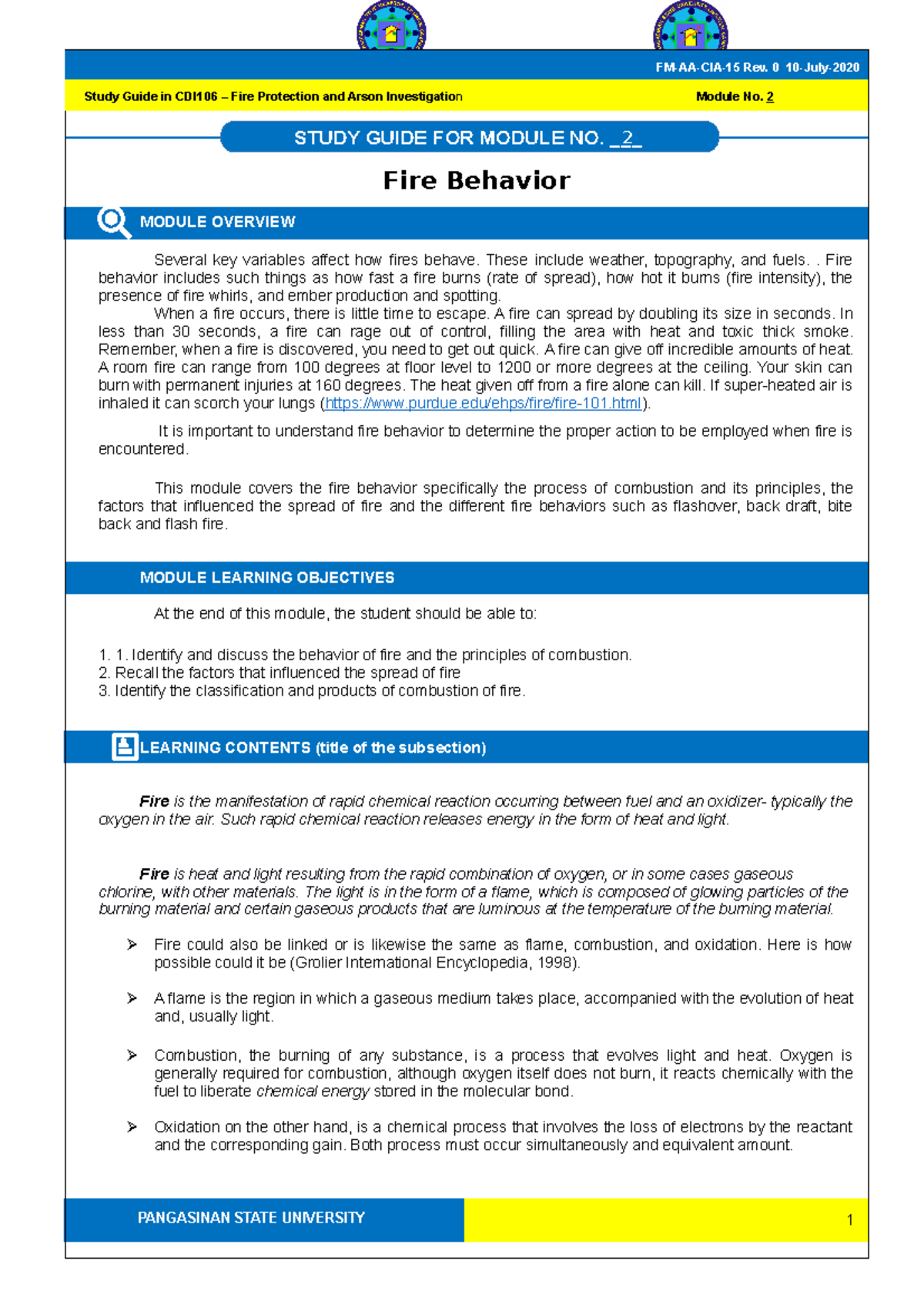 SG 2.CDI 106 Fire Protection - Fire Behavior Study Guide - Studocu