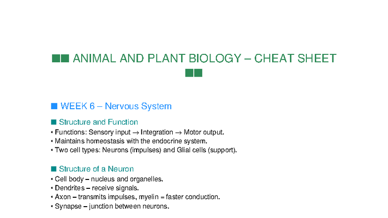 ANIMAL AND PLANT BIOLOGY CHEAT SHEET WEEK 6: NERVOUS SYSTEM OVERVIEW ...