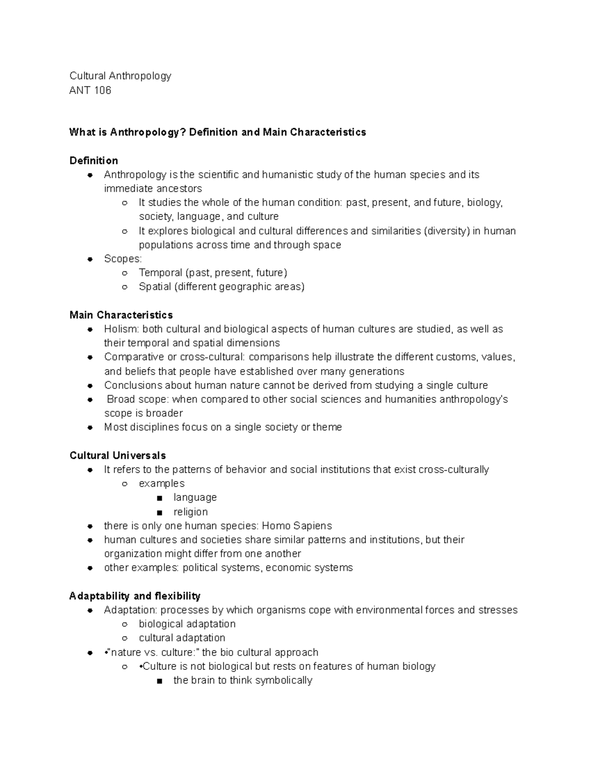 Cultural Anthropology Overview: Key Concepts of ANT 106 - Studocu