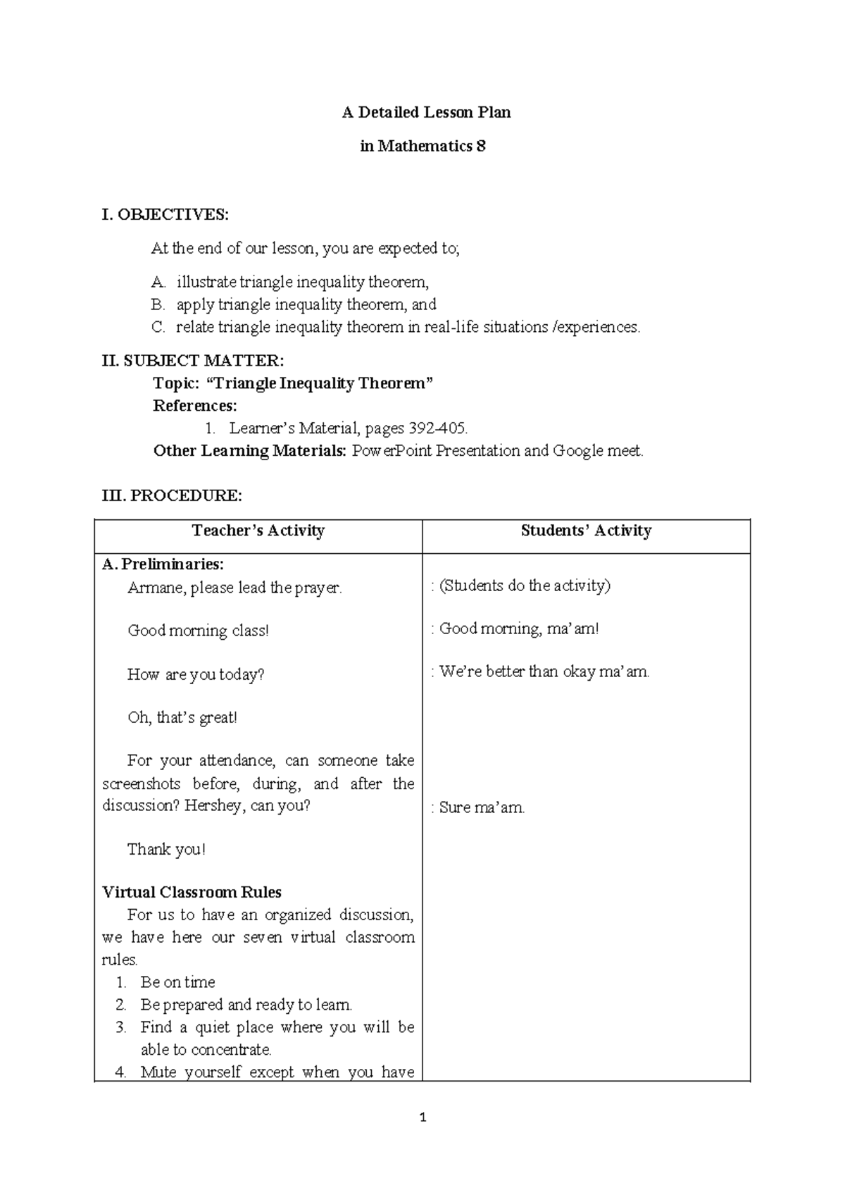 A Detailed Lesson Plan Triangle Inequality Theorem - A Detailed Lesson ...