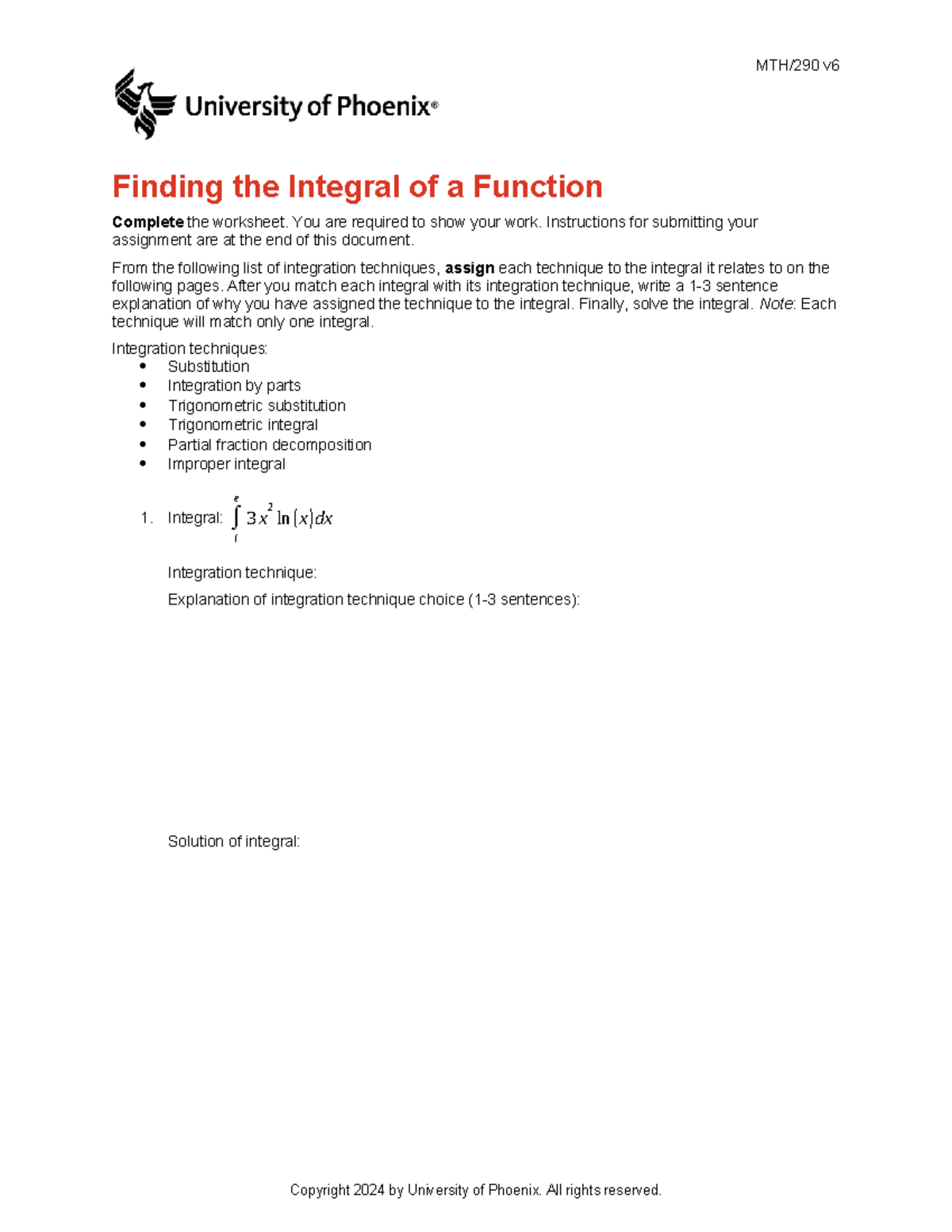 Finding the Integral of a Function - MTH/290 v6 Worksheet - MTH/290 v ...