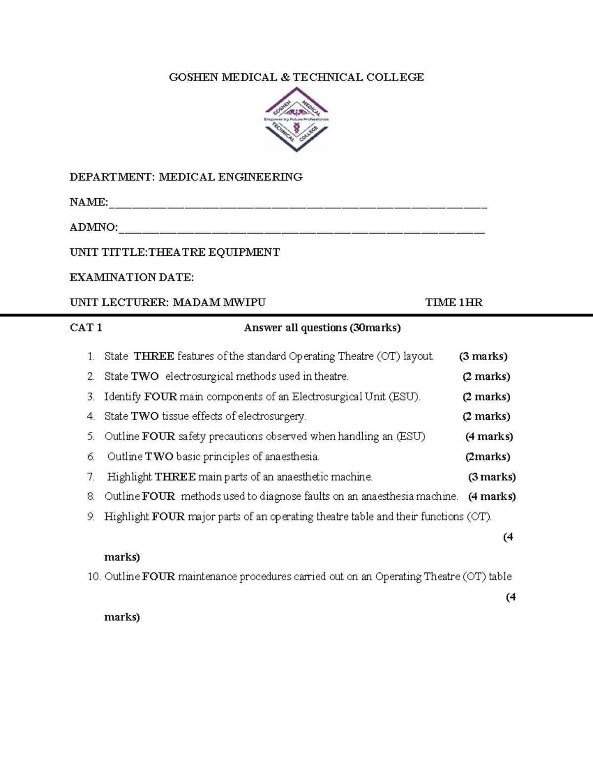 GMC MEDICAL ENGINEERING UNIT CAT 1: Theatre Equipment Exam 2026 - Studocu