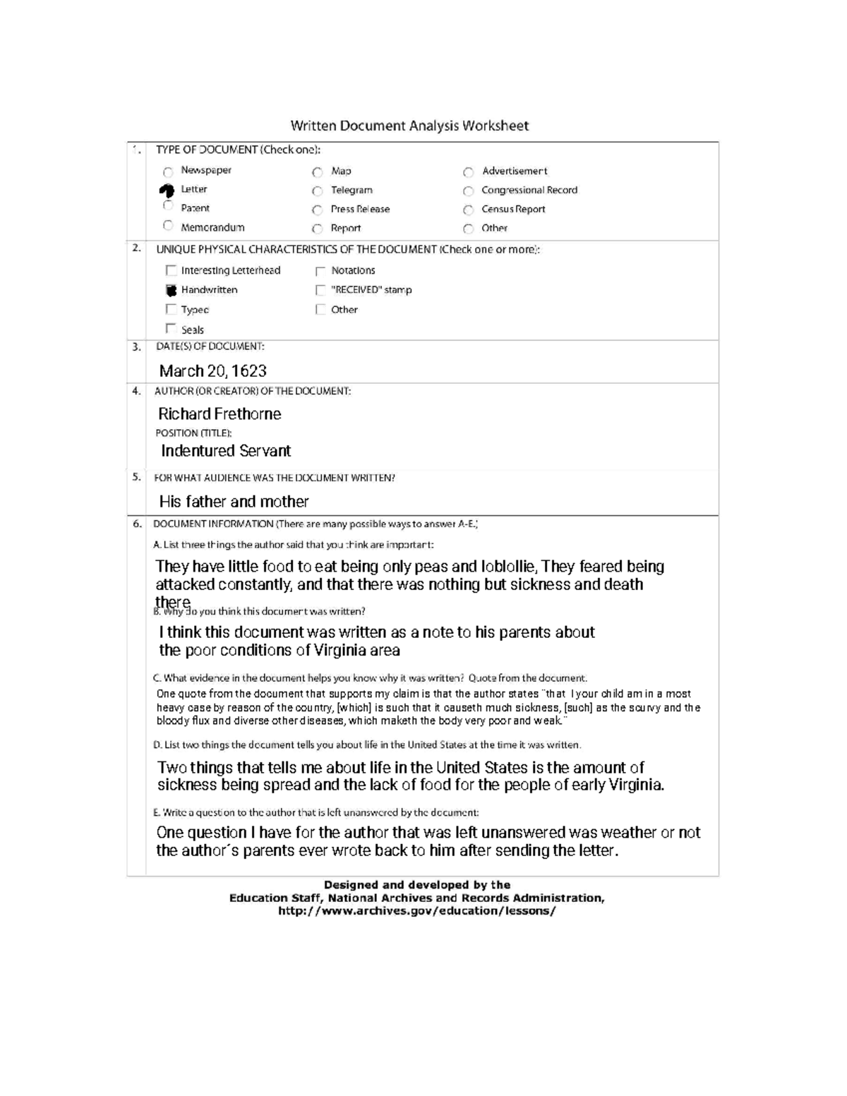 Analysis of Richard Frethorne's Letter (1623) - Document Template - Studocu