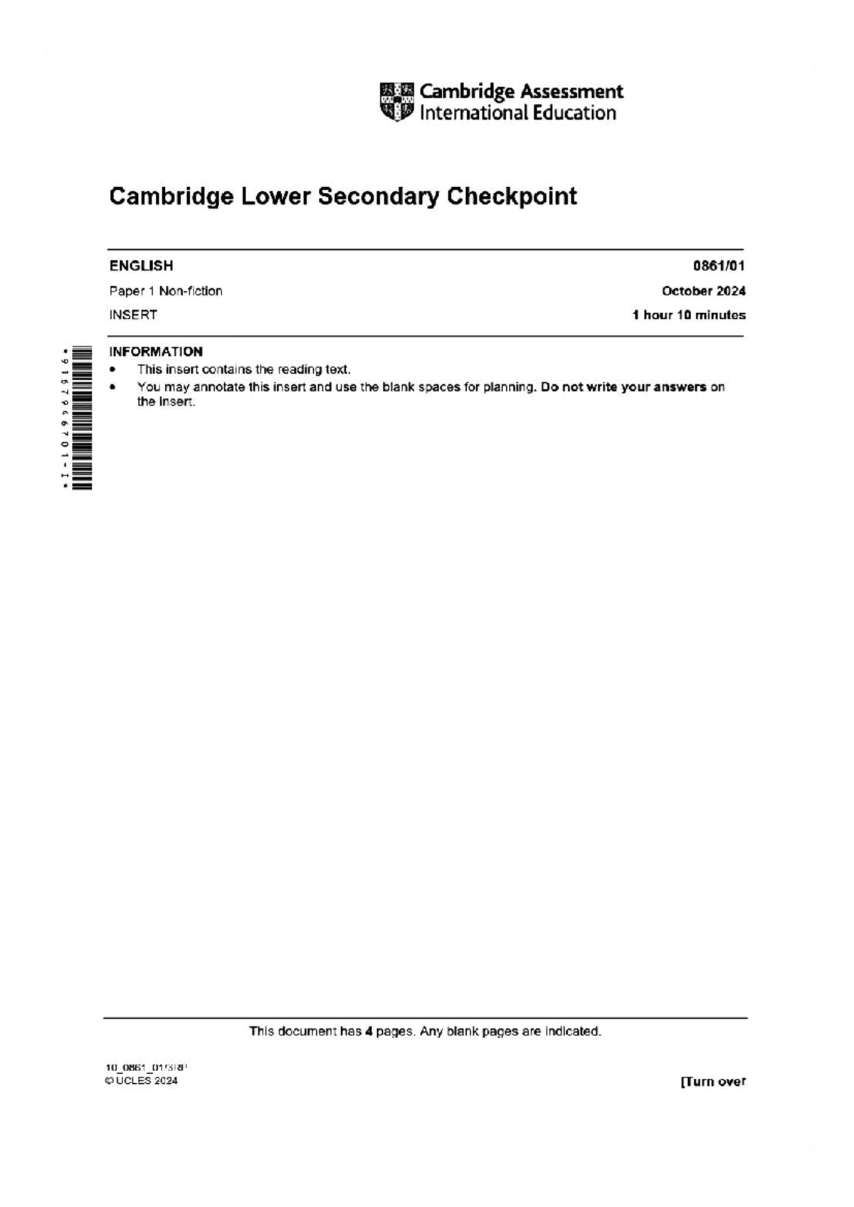 Cambridge Lower Secondary Checkpoint English Paper 1 Insert - Living ...