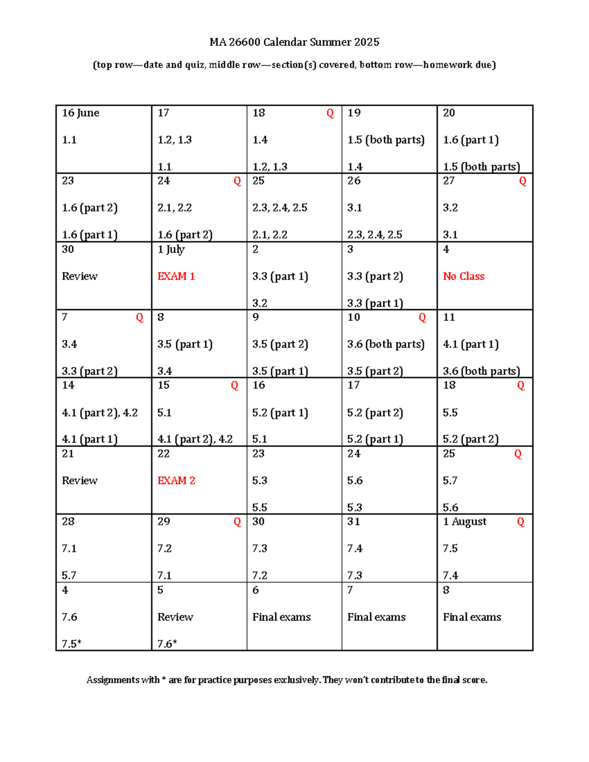 MA 26600 Summer 2025 Calendar: Quiz & Exam Schedule - Studocu