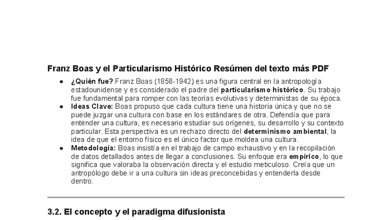 Franz Boas y el Particularismo Histórico: Resumen y Análisis - Studocu