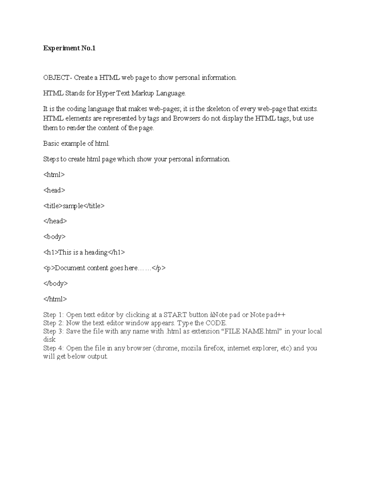 Computer application practical - Experiment No. OBJECT- Create a HTML web page to show personal ...