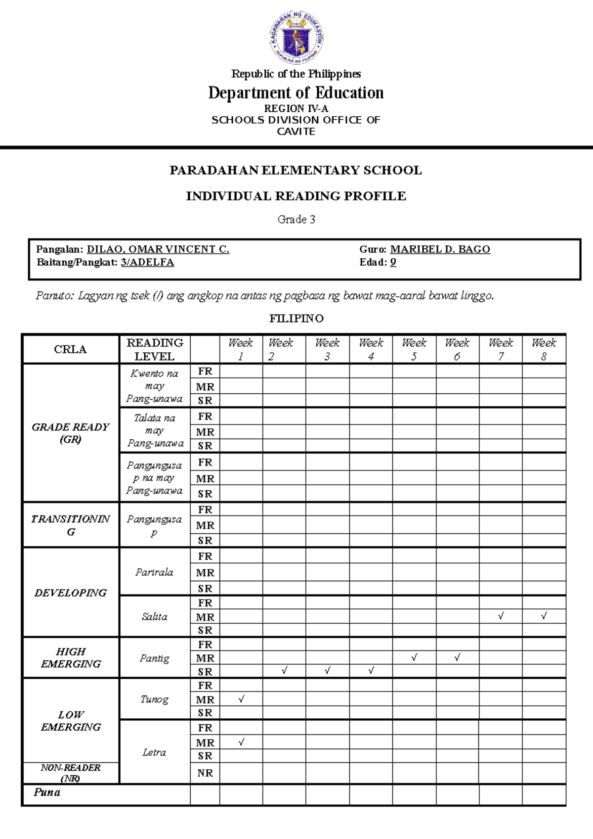 Grade 3 Individual Reading Profile - PARADAHAN ELEMENTARY SCHOOL - Studocu