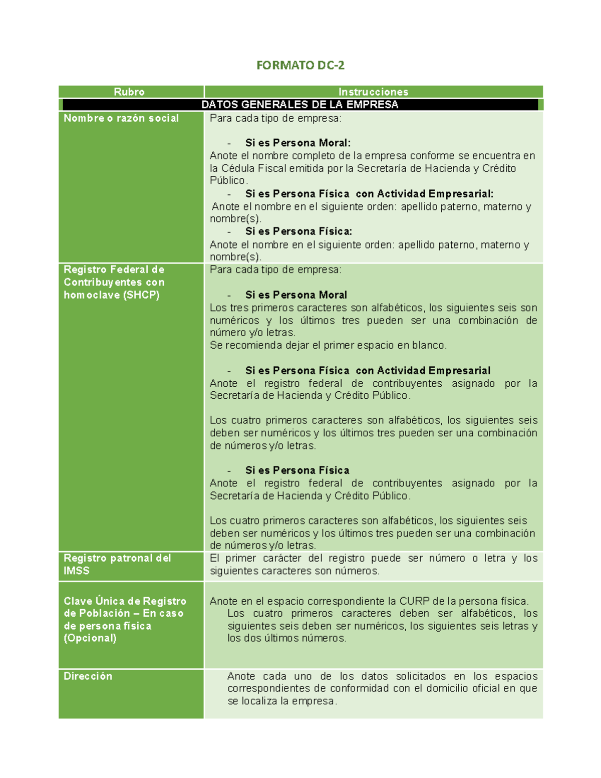 Instrucciones para el Proceso de Llenado del Formato DC-2 - Studocu