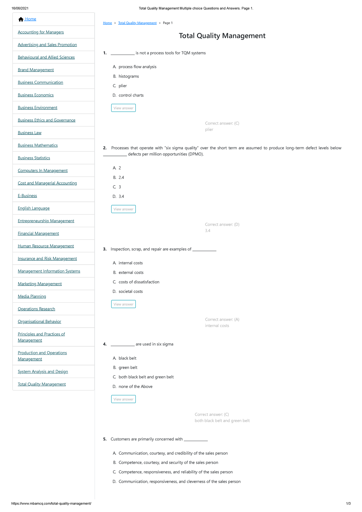 TQM 101: Multiple Choice Q&A for Total Quality Management Exam - Studocu