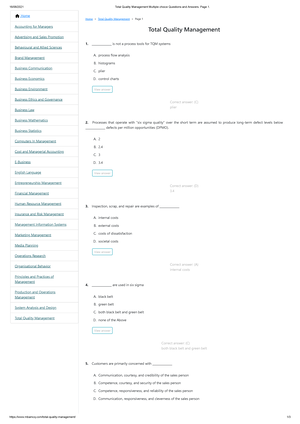 QI mcq 1 - Assessment - Quality improvement MCQ- Multiple Choice ...